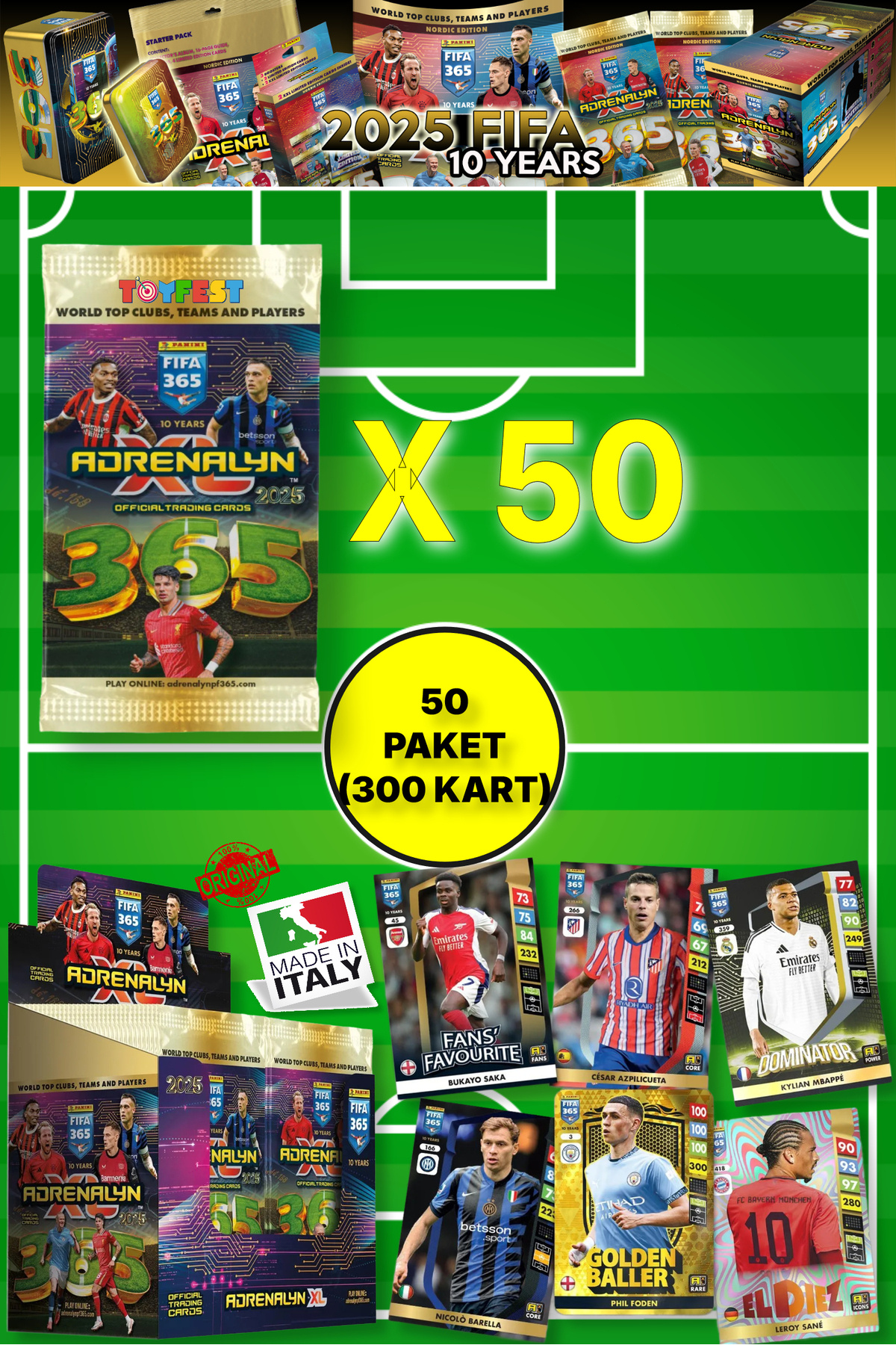 TOYFEST Panini Adrenalyn Fifa 365 - 2025 Official Trading Card Futbolcu Kartları - 50 PAKET (300 ...