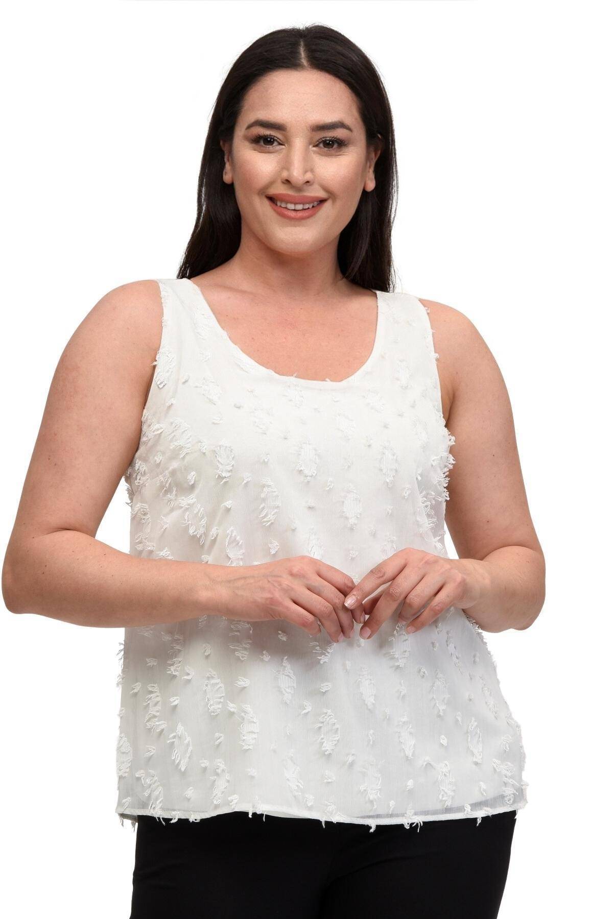 Hanezza Ecru U Collar Zero Sleeve Chiffon Blouse - Women's Plus Size ...