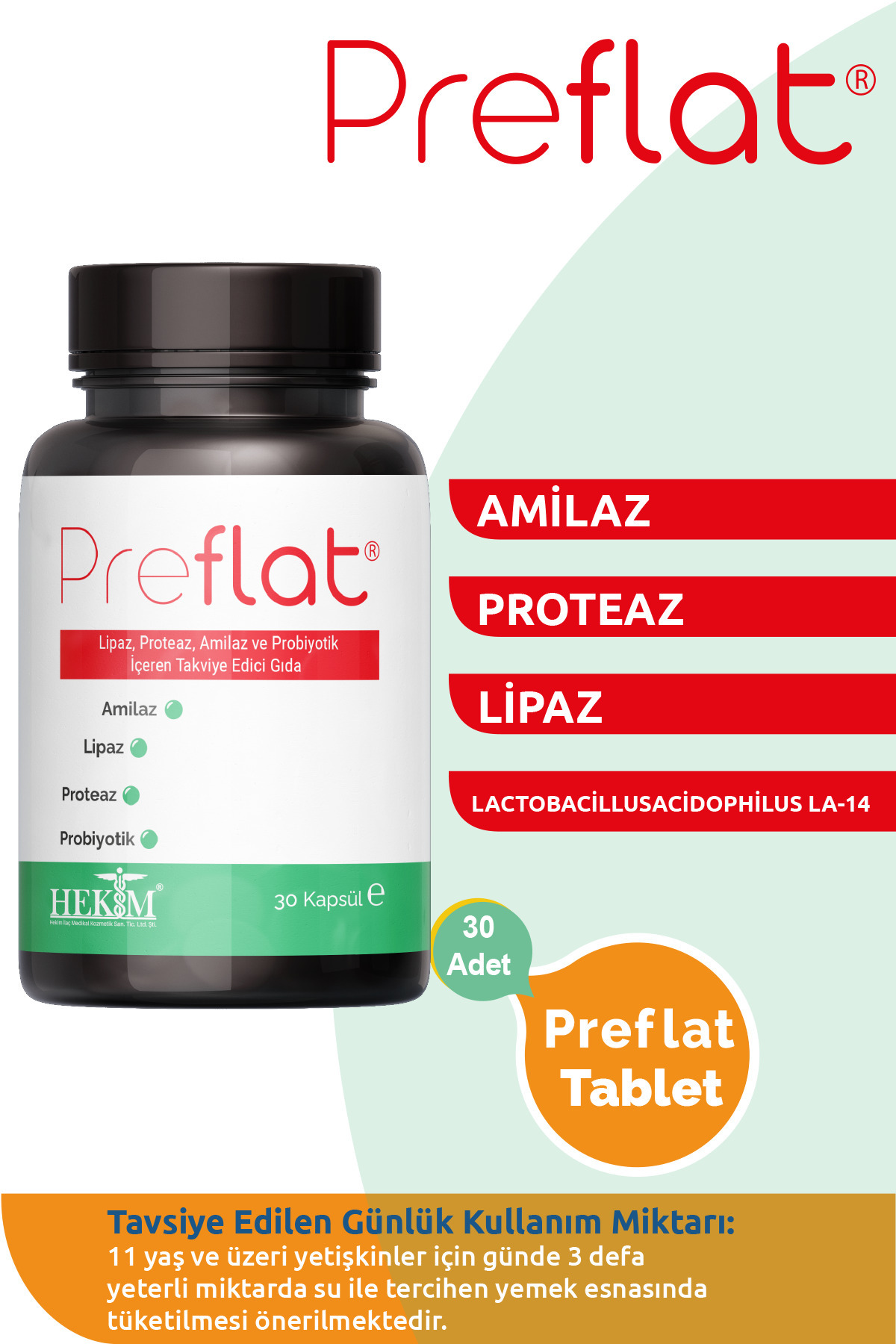 Preflat 30 Kapsül - Lipaz, Proteaz, Amilaz Ve Probiyotik Içeren Takviye ...