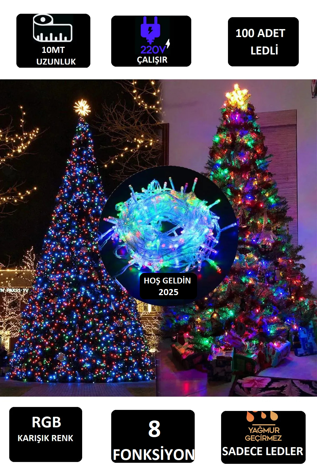 NARGO Yeni Yıl Karışık Renkli Led Işık 8 Fonksiyonlu 10 M 100 Ampül ...
