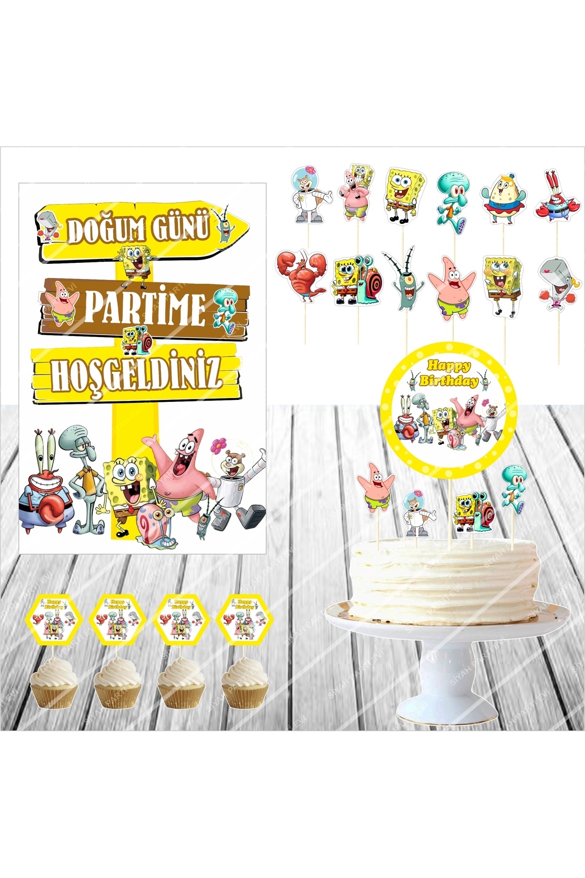SİYAH PARTİ EVİ Sünger Bob Doğum Günü Masa Maketi Pasta Süsü Seti ...