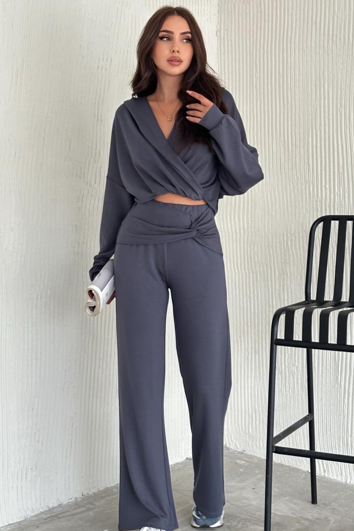 cottonage Kadın Kruvaze Yaka Kapüşonlu Üst Yüksek Bel Geniş Paça ...