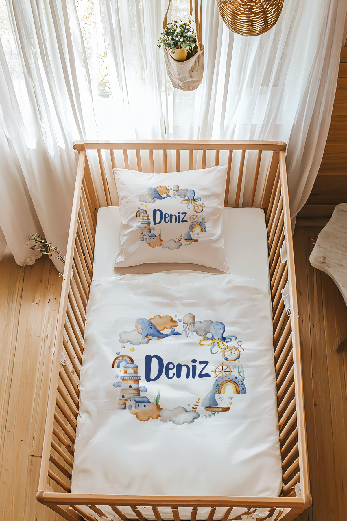 Astral Baby %100 Pamuk Saten Isme Özel Isimli Park Yatak Nevresim Takımı (70X120 CM) Deniz ...