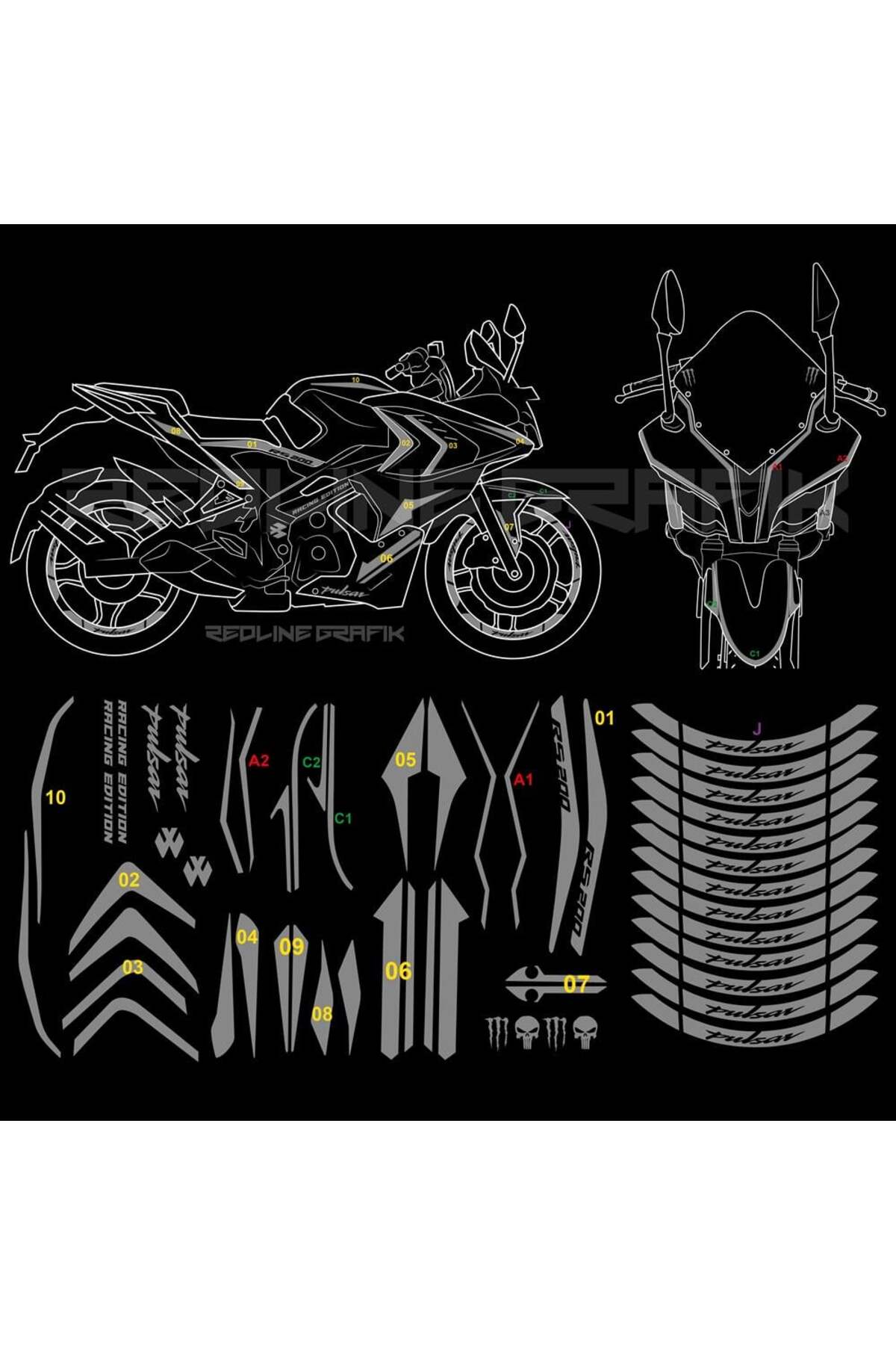 Redline Grafik Bajaj Pulsar Rs 200 Full Sticker Set Custom Neon Kırmızı ...