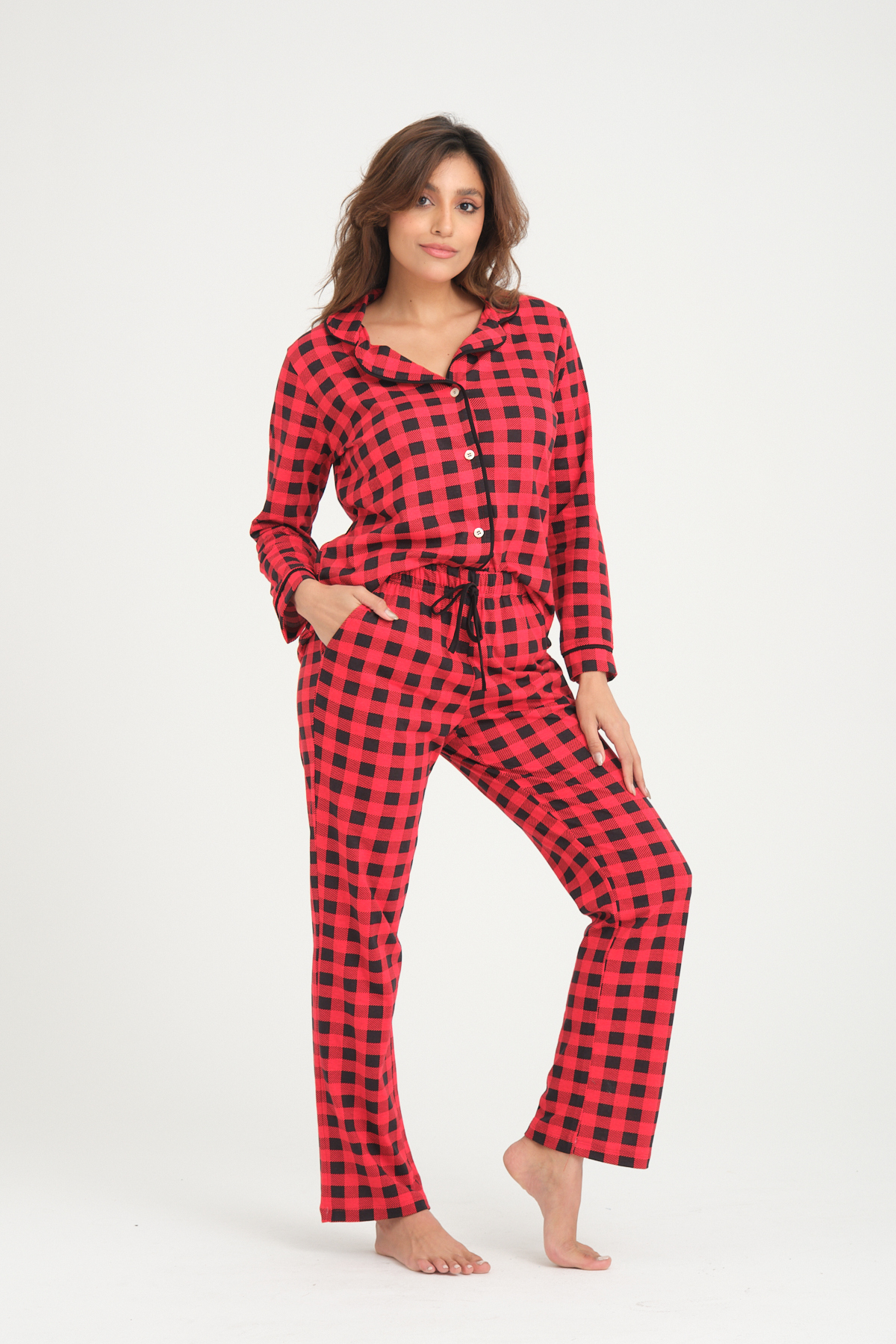 LİVE SPORT Metraj Printed 100% Cotton Knitted Pajama set Red Plaid ...