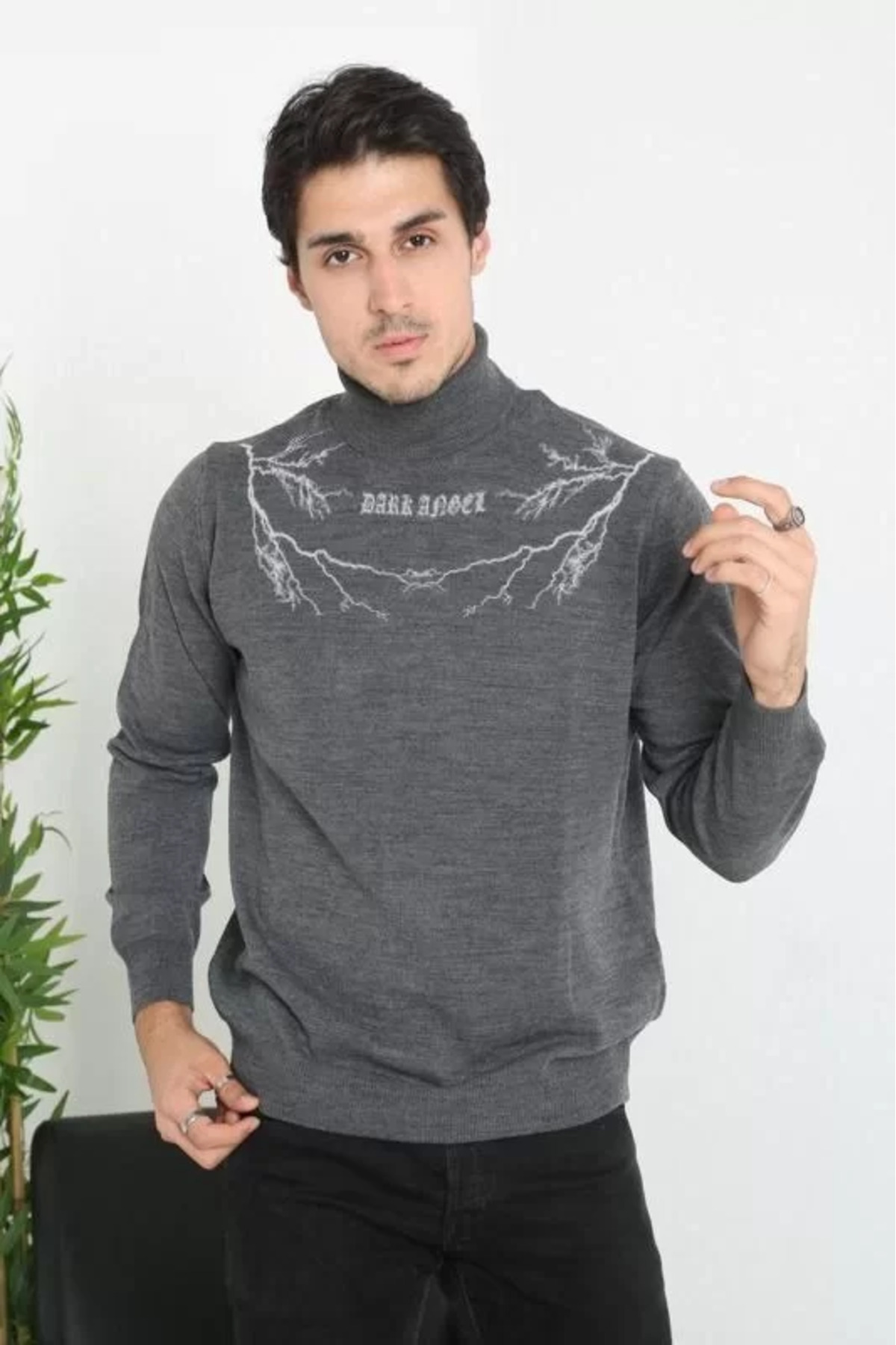 Genel Markalar Baskılı Tam Boğazlı Uzun Kol Dokuma Triko - Antrasit ...