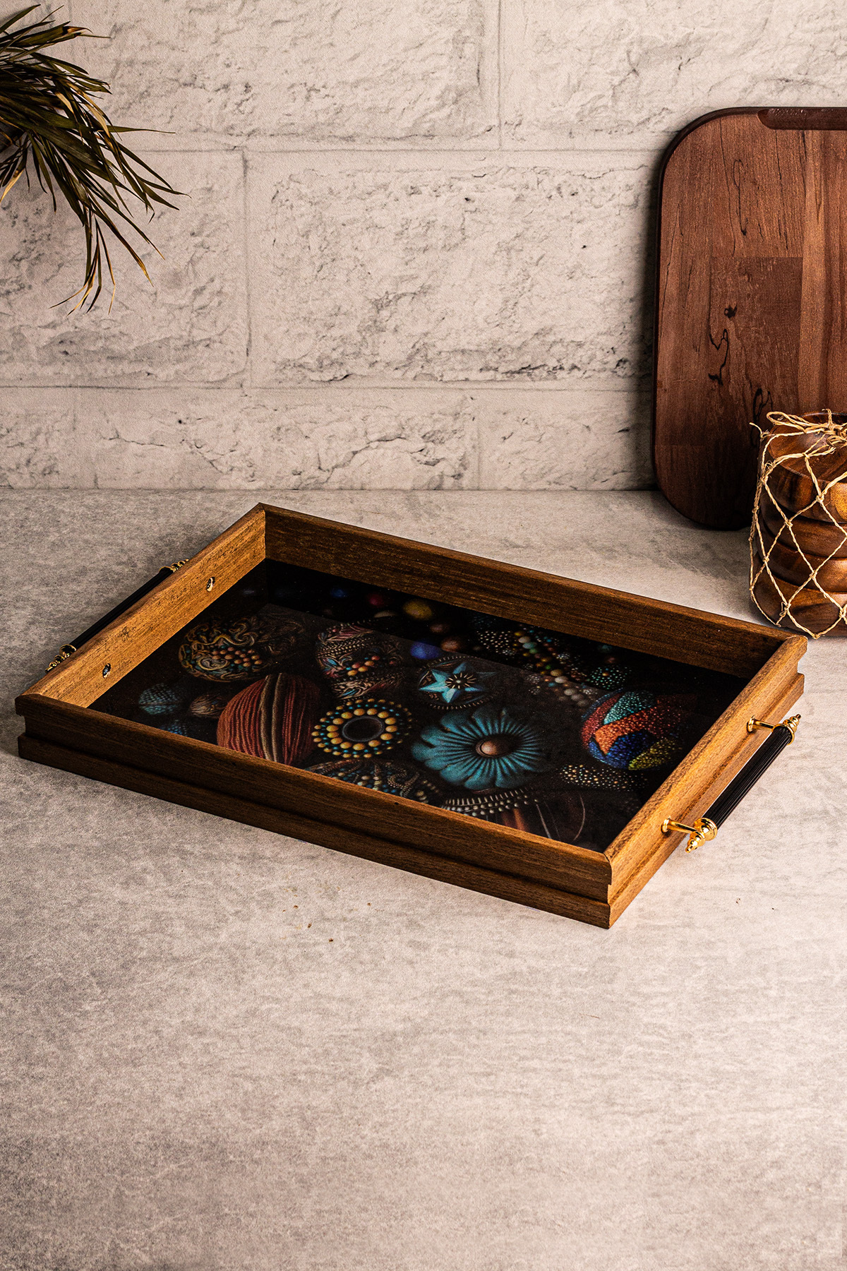 Snippy Tiempo - Cam İşlemeli Ahşap Tepsi Dekoratif Metal Kulplu Cam ...