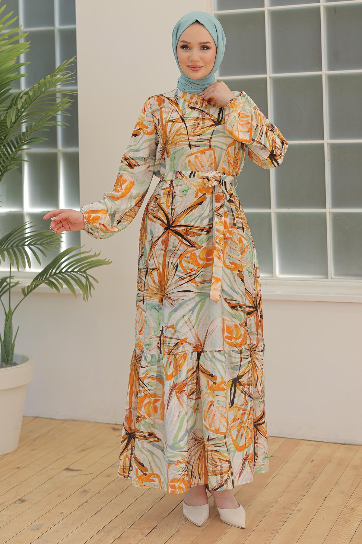 Armine Desenli Etegi Pliseli Elbise - OranjFiyatı, Yorumları - Trendyol