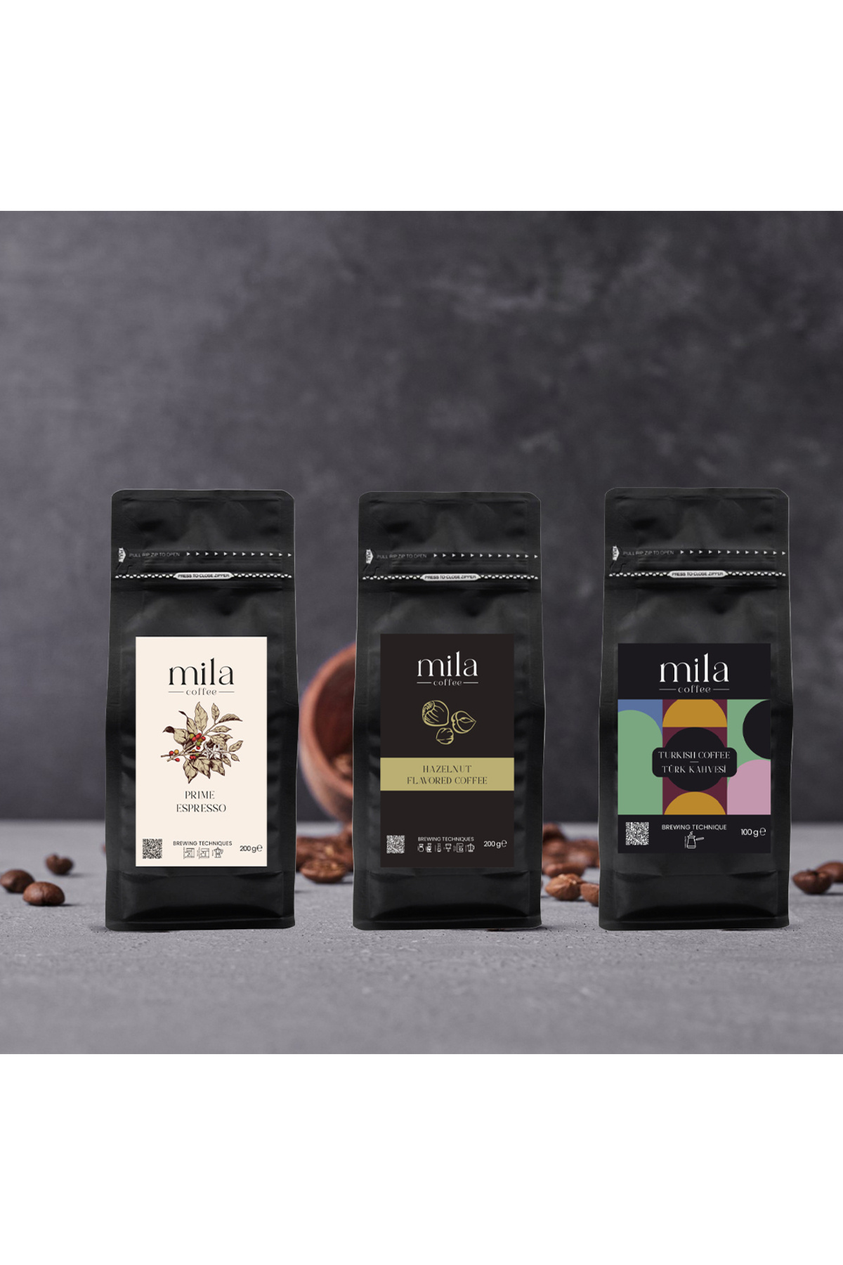 Mila Coffee 100g Öğütülmüş Türk Kahvesi & 200g Fındık Aromalı Filtre Kahve & 200g Prime Espresso ...