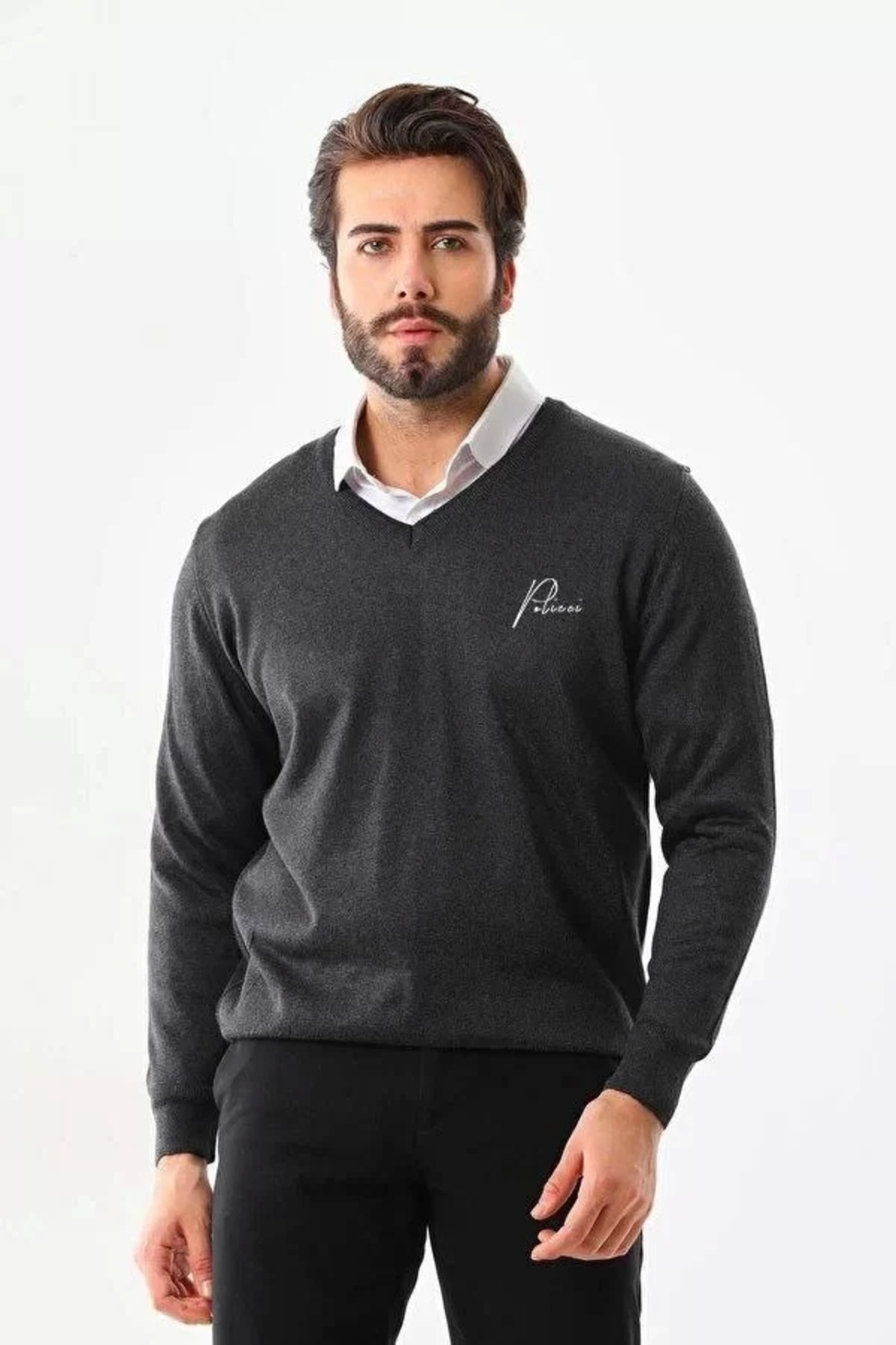 Genel Markalar Baskılı V Yaka Uzun Kol Dokuma Triko - Füme Fiyatı ...