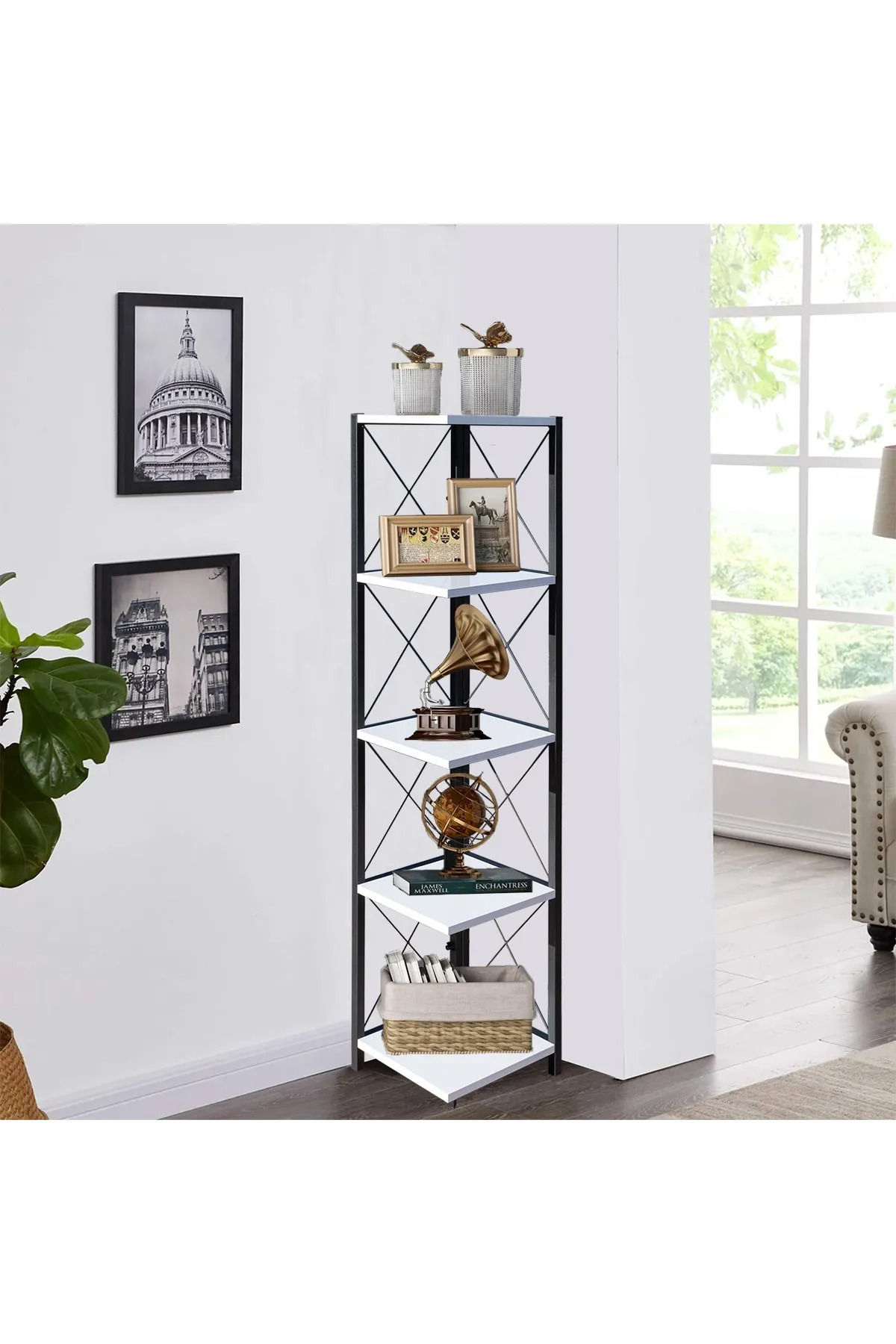 AKIS HOME Köşe Kitaplık Ve Aksesuar Rafı Metal Ayaklı Beyaz - Fiyatı, Yorumları