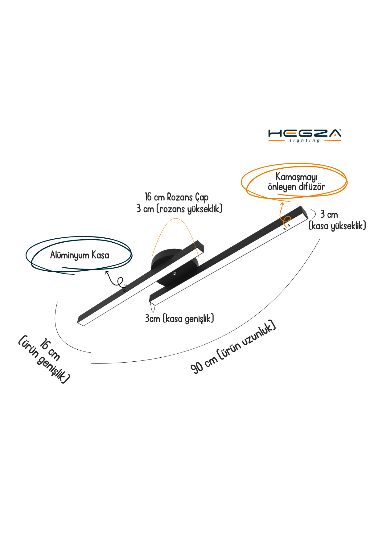 Hegza Lighting Marea ( Siyah Kasa, Beyaz Işık ) Ledli Modern Plafonyer Led Avize, Salon, Mutfak ...