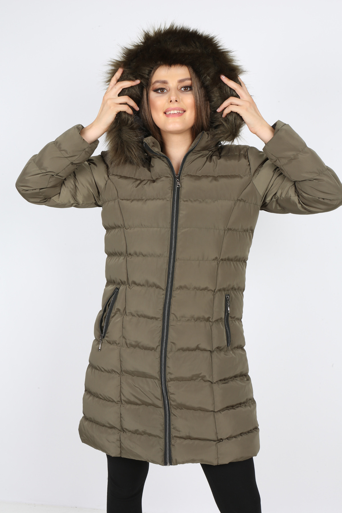 S&V TEKSTİL Palton lung puffer kaki pentru femei Trend - Trendyol