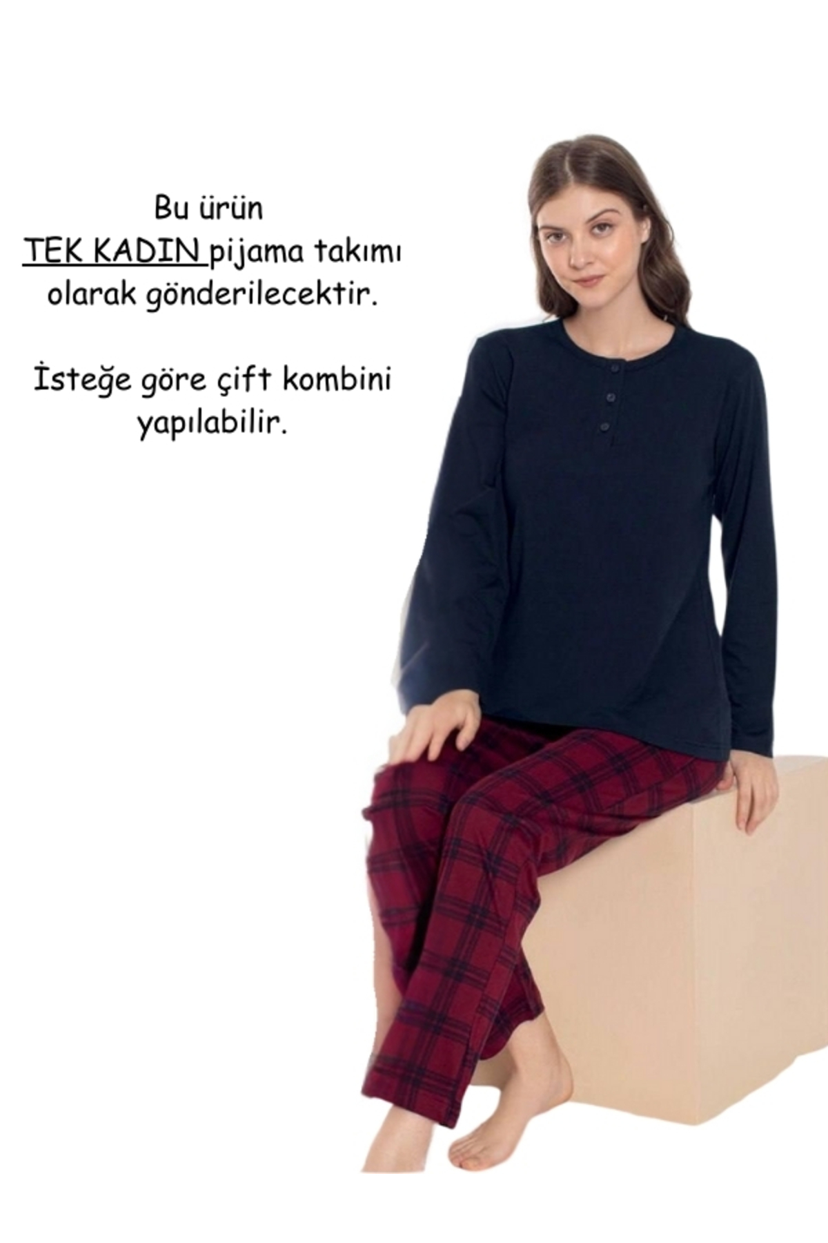 bie's KADIN-Çift Sevgili Eş -Lacivert Bordo Ekose Modal Uzun Kol Pijama ...