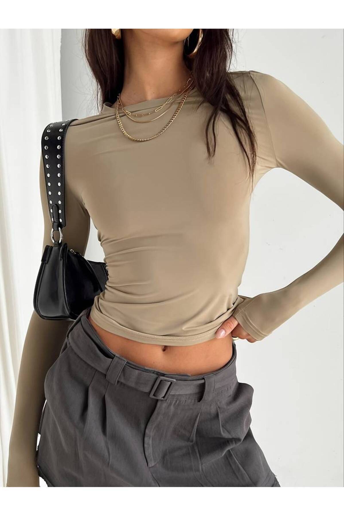 LADY HAZAL Bej Yuvarlak Yaka Bluz Boy Body Darkalıp Soft Touch Pamuklu ...