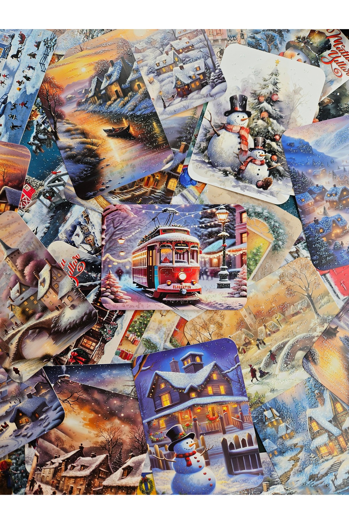 Mia Pera 36lı Simli Yılbaşı Kartpostal Seti Yeni yıl Kardan adam Kış ...