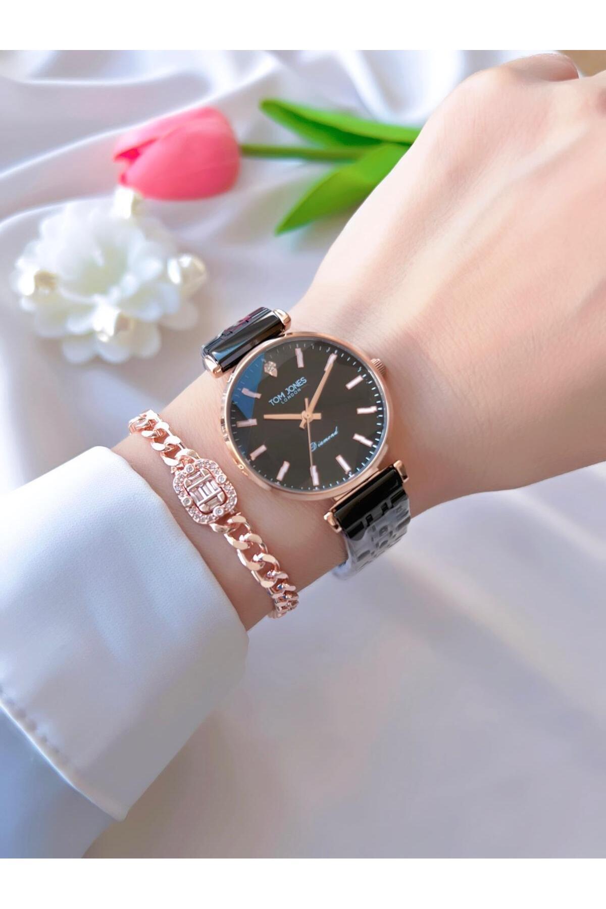 Tom Jones Siyah Çelik Kordon Renk Atmaz 30 Mt Su Geçirmez Kadın Kol ...