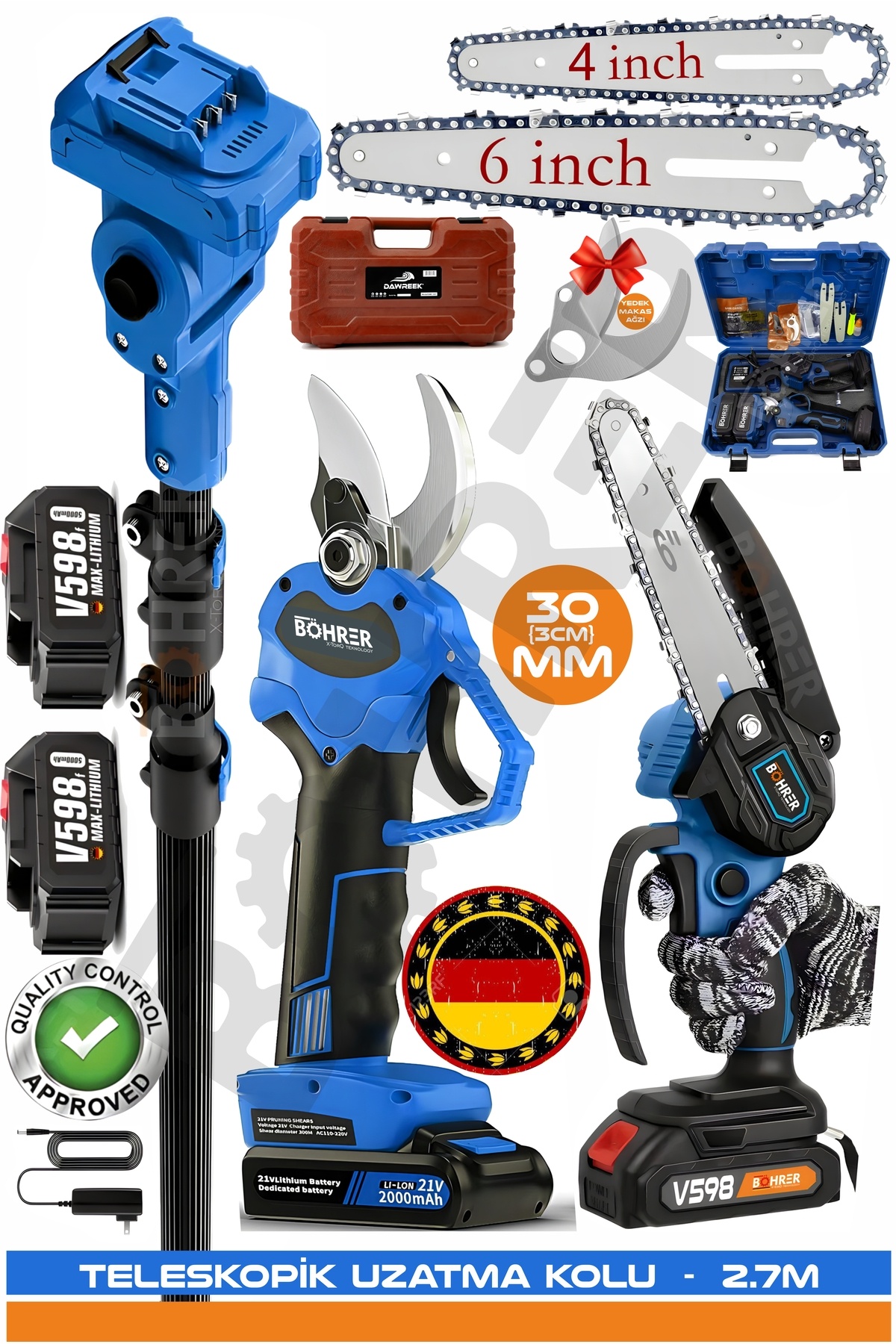 BÖHRER ALMAN UZATMA KOLLU, AKÜLÜ 2 Lİ BUDAMA SETİ, AKÜLÜ BUDAMA BAĞ ...