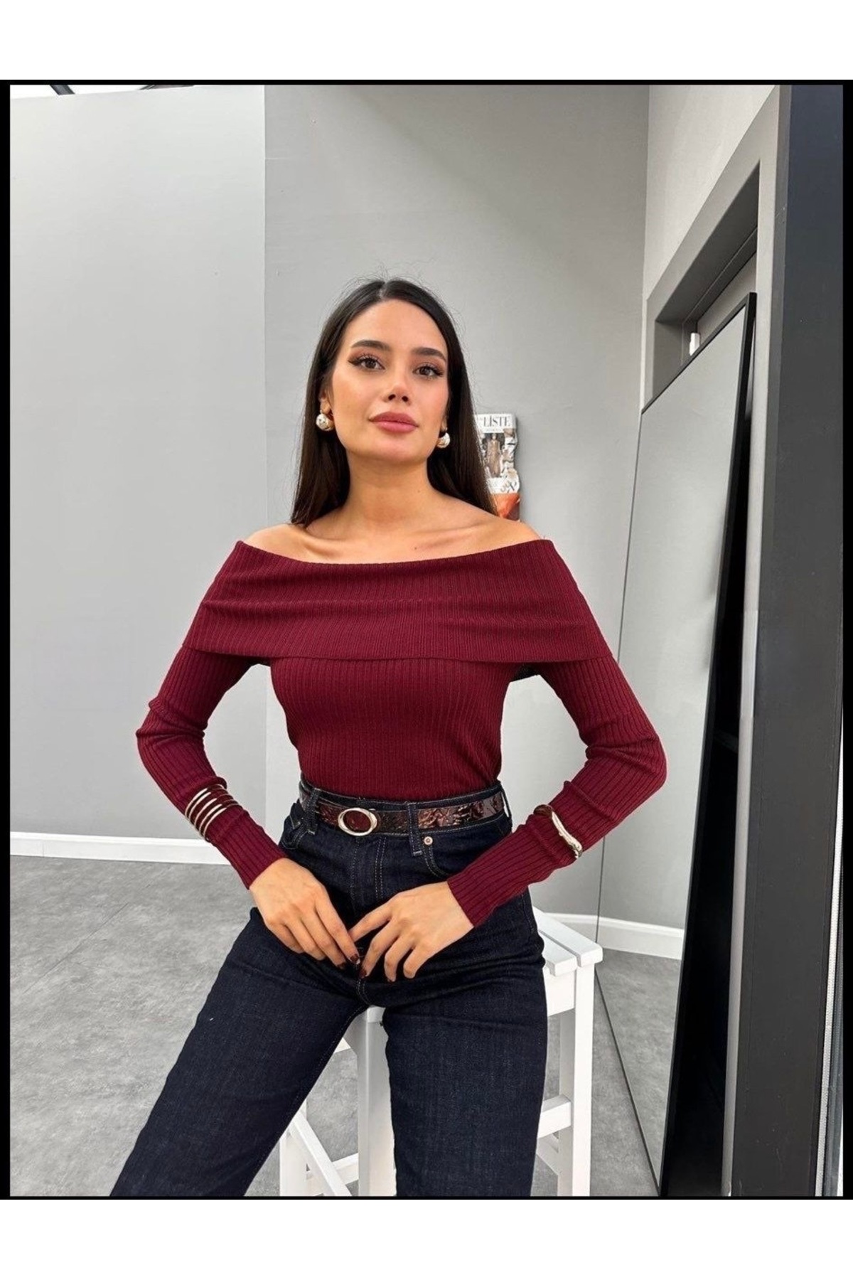 LABELIA Kadın Madonna Yaka Düğme Detay Marka Model Ajurlu Kazak,kayık ...