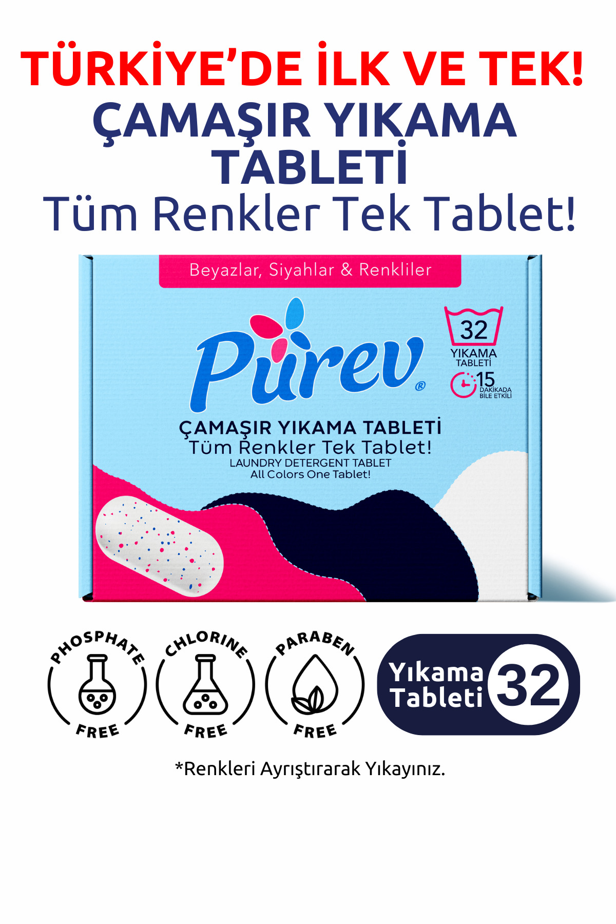 PUREV Çamaşır Yıkama Tableti Deterjanı Tüm Renklerde Etkili - 32 Yıkama ...