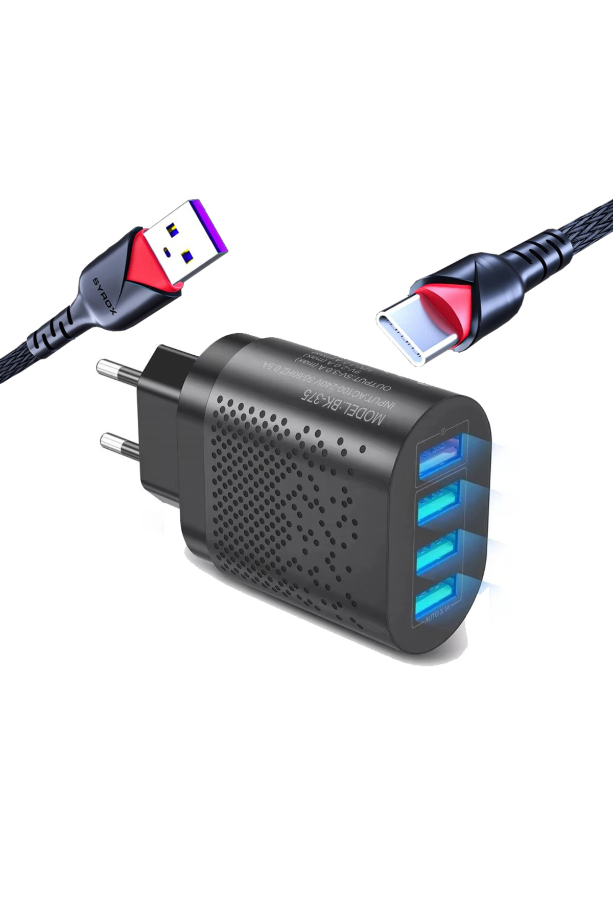 ZUIDID 4 Usb Portlu 3.1a - 48w Çoklu Şarj Cihazı Siyah Type C Kablo ...