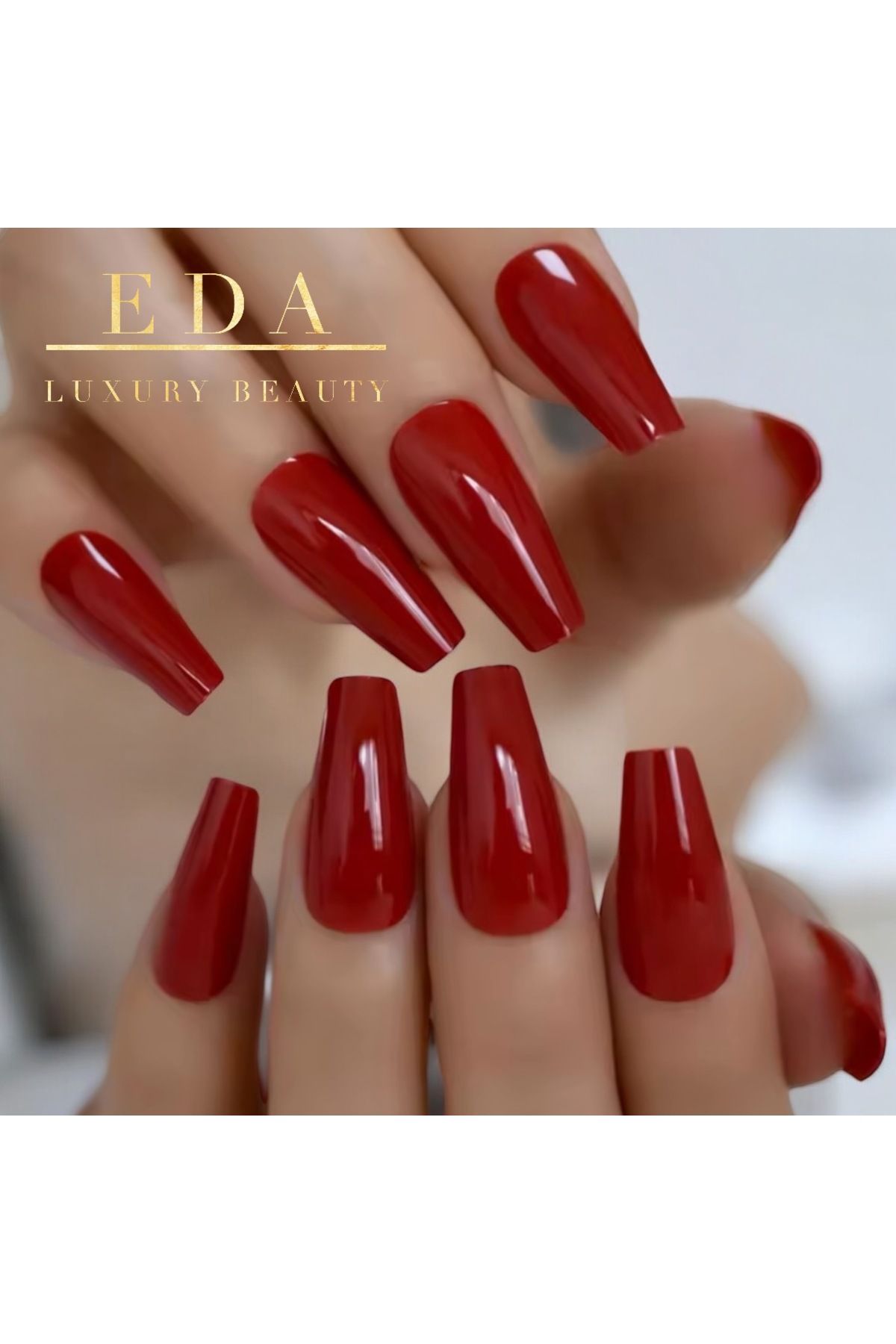 EDA LUXURY BEAUTY 24'lü Kırmızı Takma Tırnak Lüks Parlak Extra Uzun Küt ...