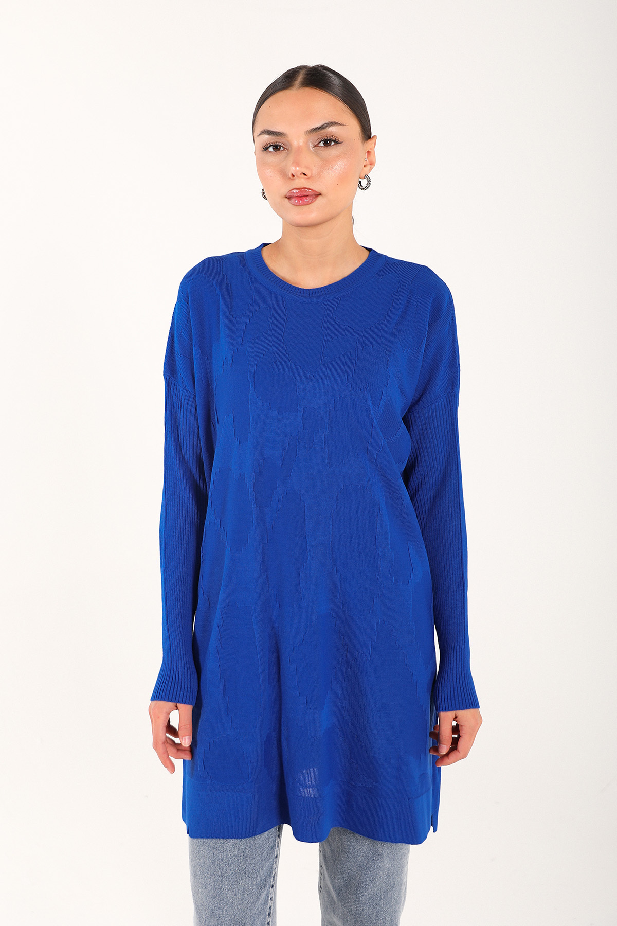 Melike Tatar Saks Desenli Triko Tunik 70 2173 Fiyat Yorumlar Trendyol