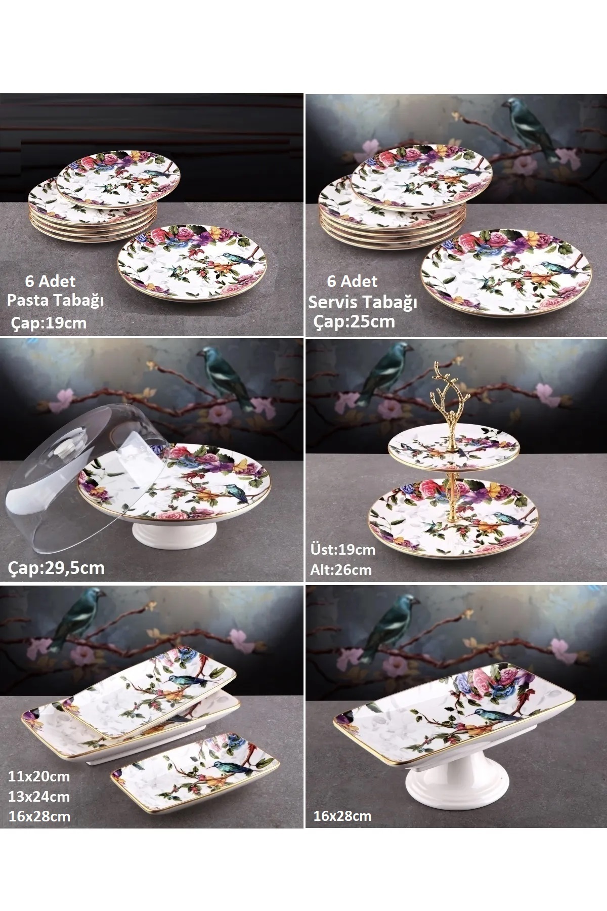 Pinkev 19 Parça Fanuslu Seramik Pasta Servis Sunum Tabağı Seti ...