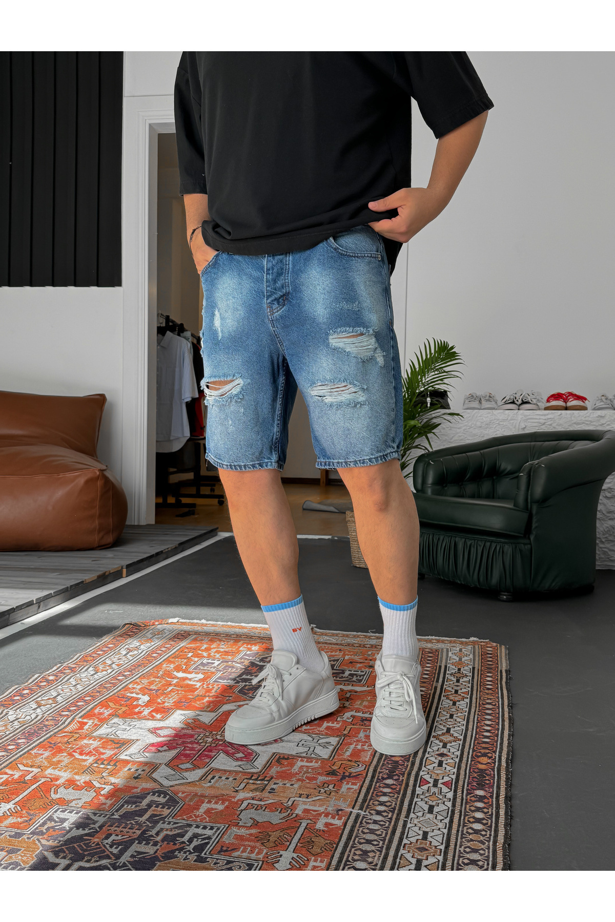 BYBASICMAN Mavi Taşlama Desenli Yırtıklı Kot Şort KE-485 Fiyatı ...