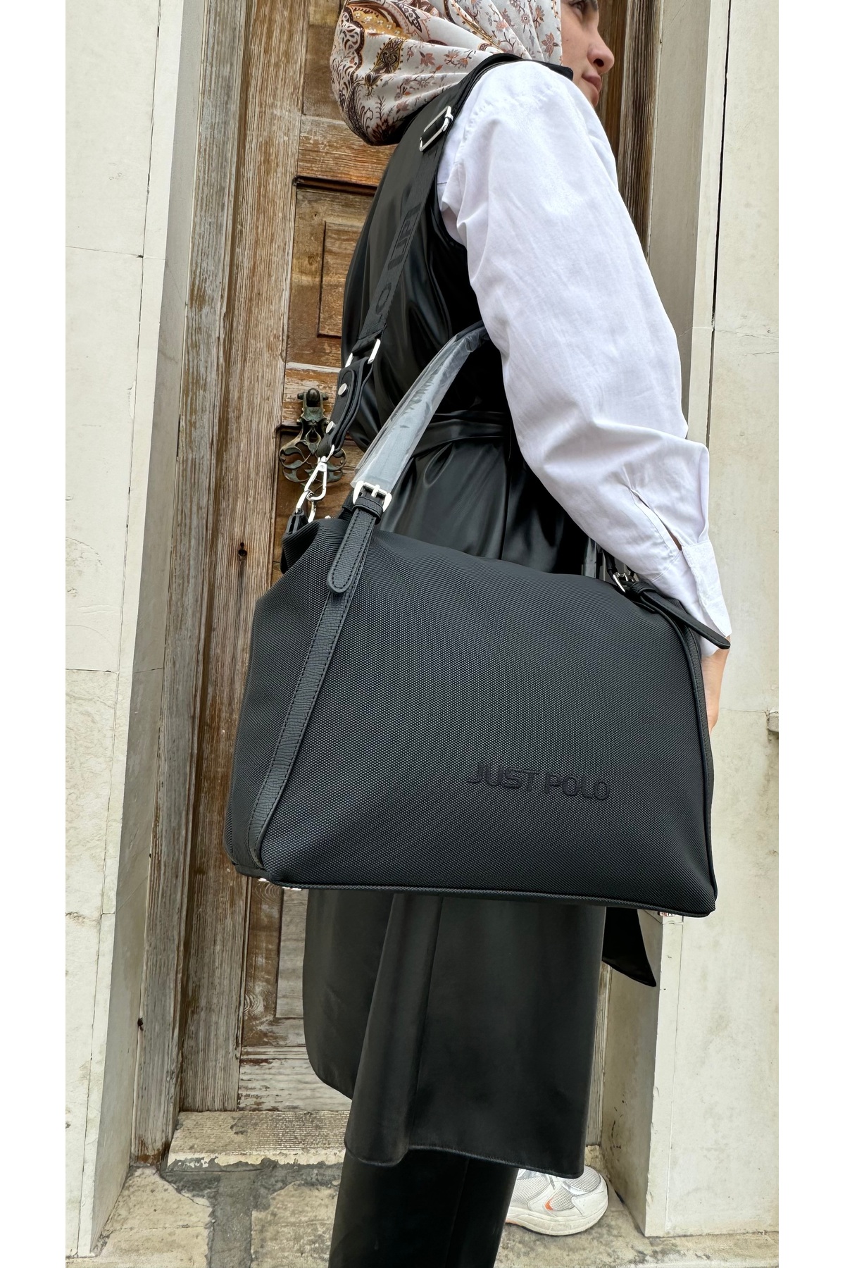 Just Polo Justpolo Women's Black Oversized Shoulder Bag with Adjustable ...