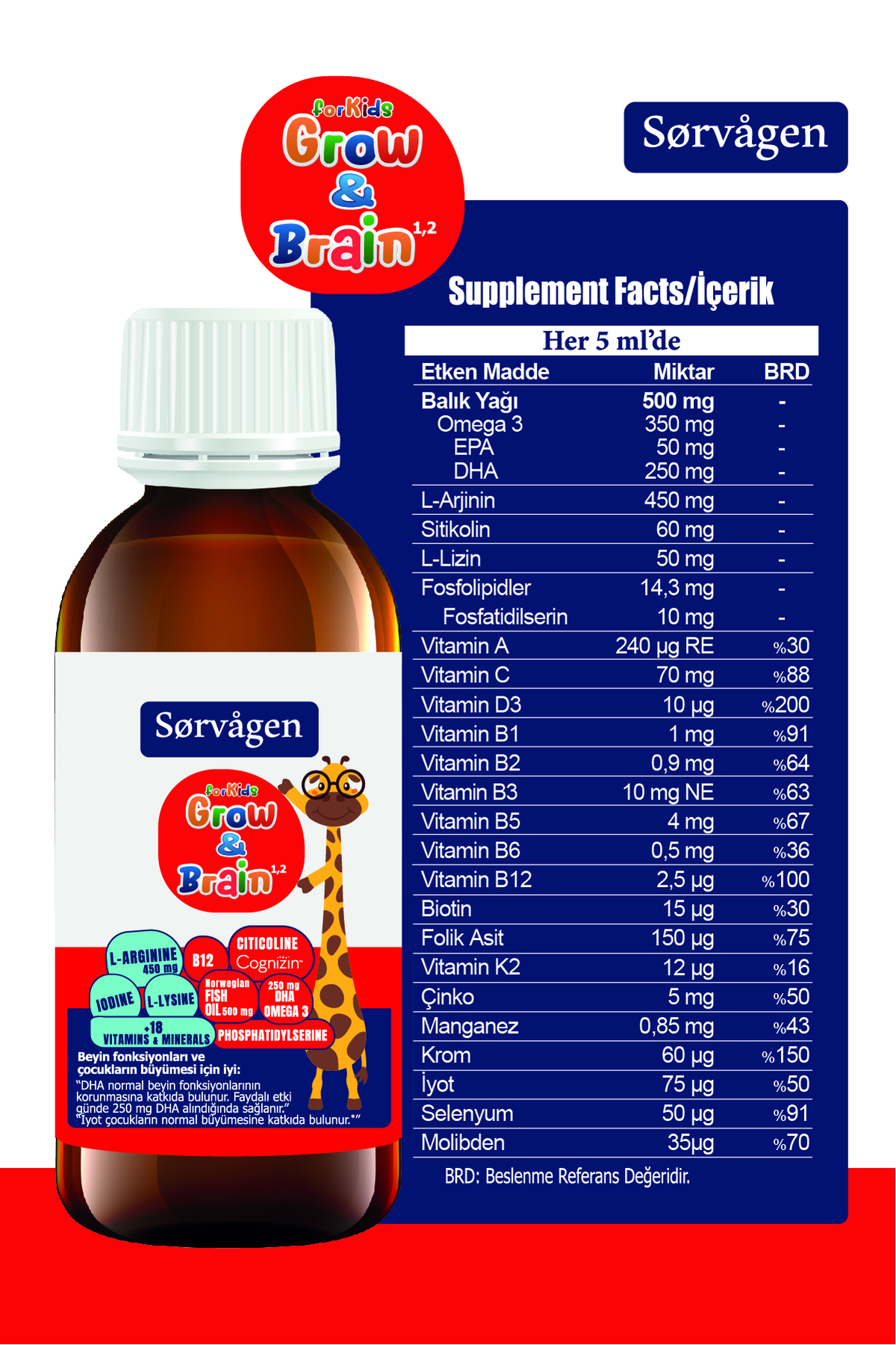 Sorvagen Grow&Brain L-arjinin, Sitikolin, Fosfatidilserin, DHA Omega 3 ...