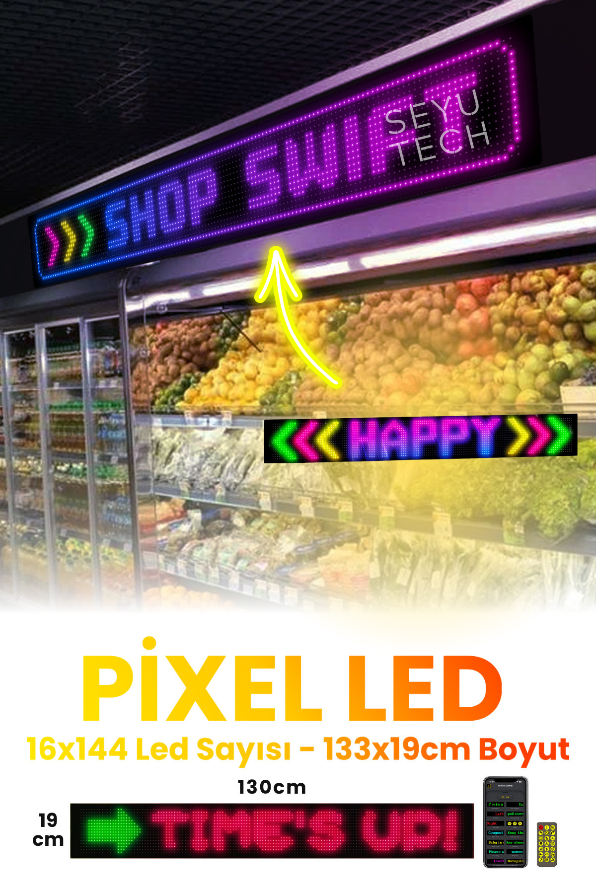 SEYUTECH Pixel Led Panel Dijital Ekran Yazı ve Animasyon Eklenebilen Telefon Kontrollü ...