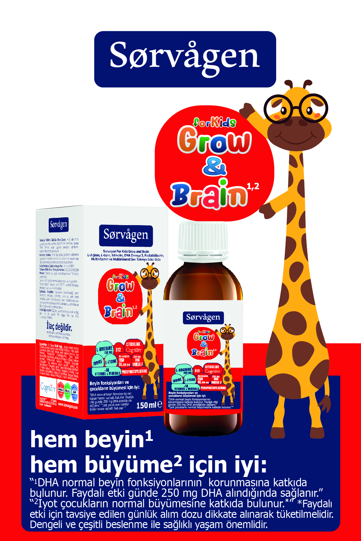 Sorvagen Grow&Brain L-arjinin, Sitikolin, Fosfatidilserin, DHA Omega 3 ...