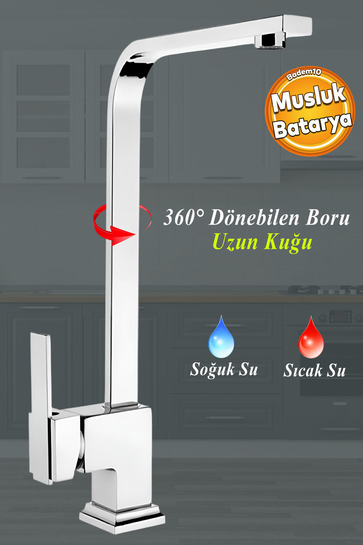 Badem10 Side Uzun Kuğu Batarya Krom Lavabo Banyo Mutfak Musluğu Musluk ...