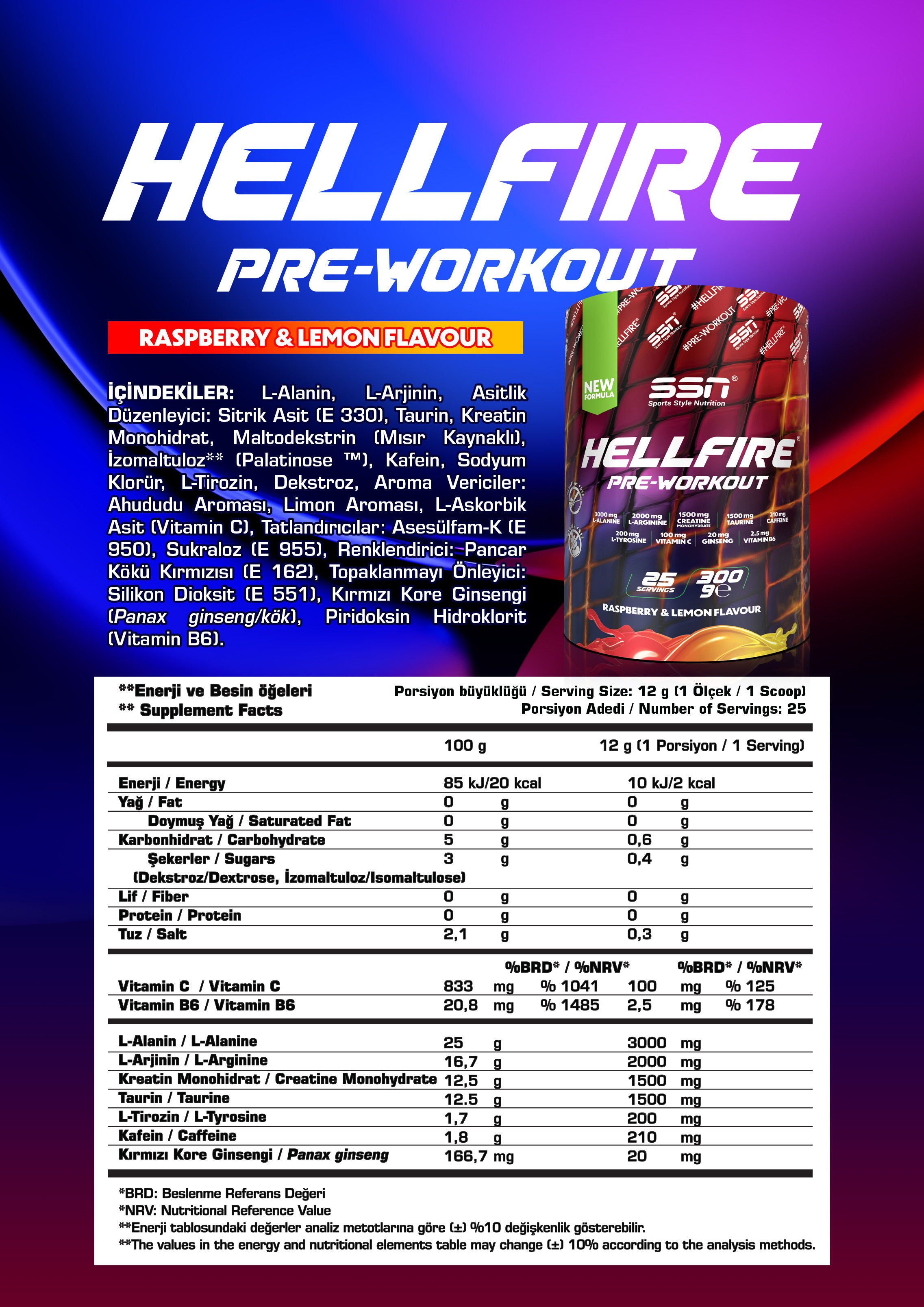 SSN Sports Style Nutrition Hellfire 300 gr (AHUDUDU LİMON) Pre Workout ...