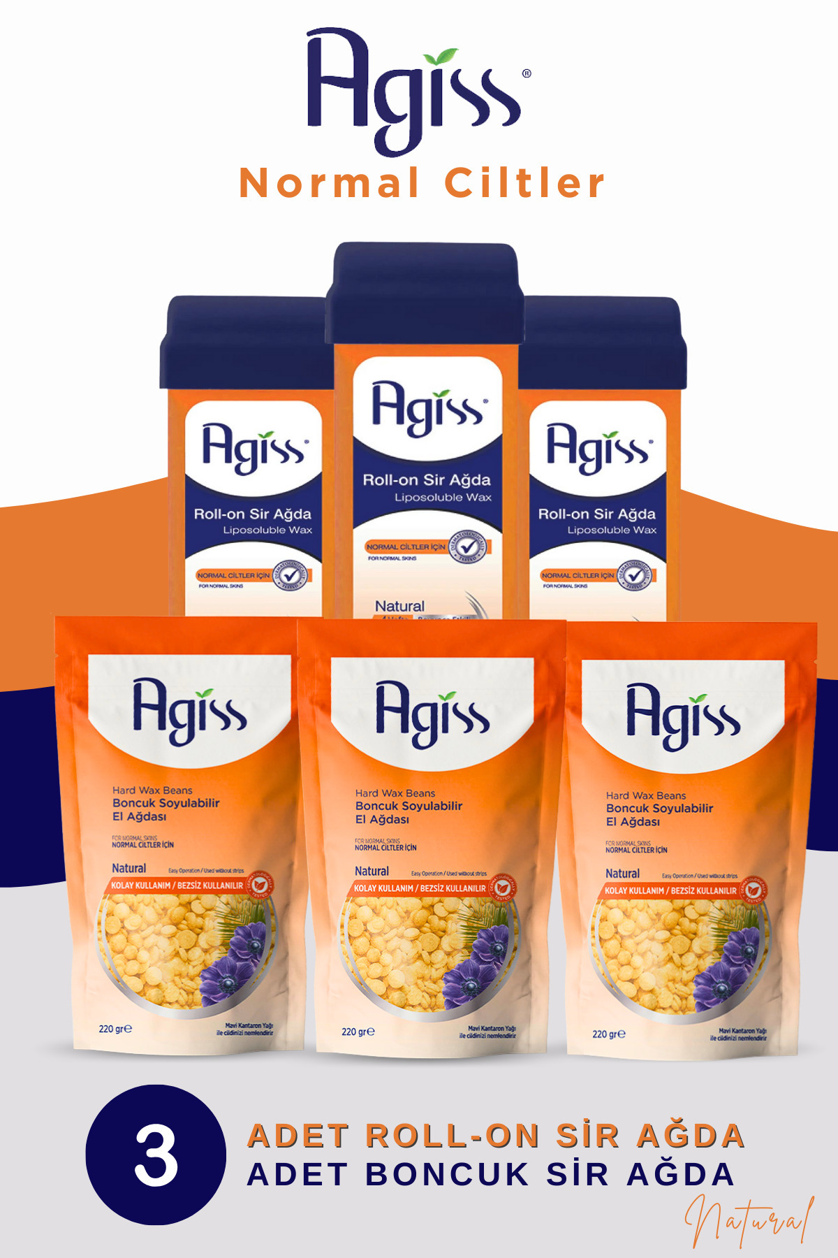 AGISS Normal Ciltler İçin Roll-On Ağda ve Boncuk Ağda Seti-3’lü Natural ...