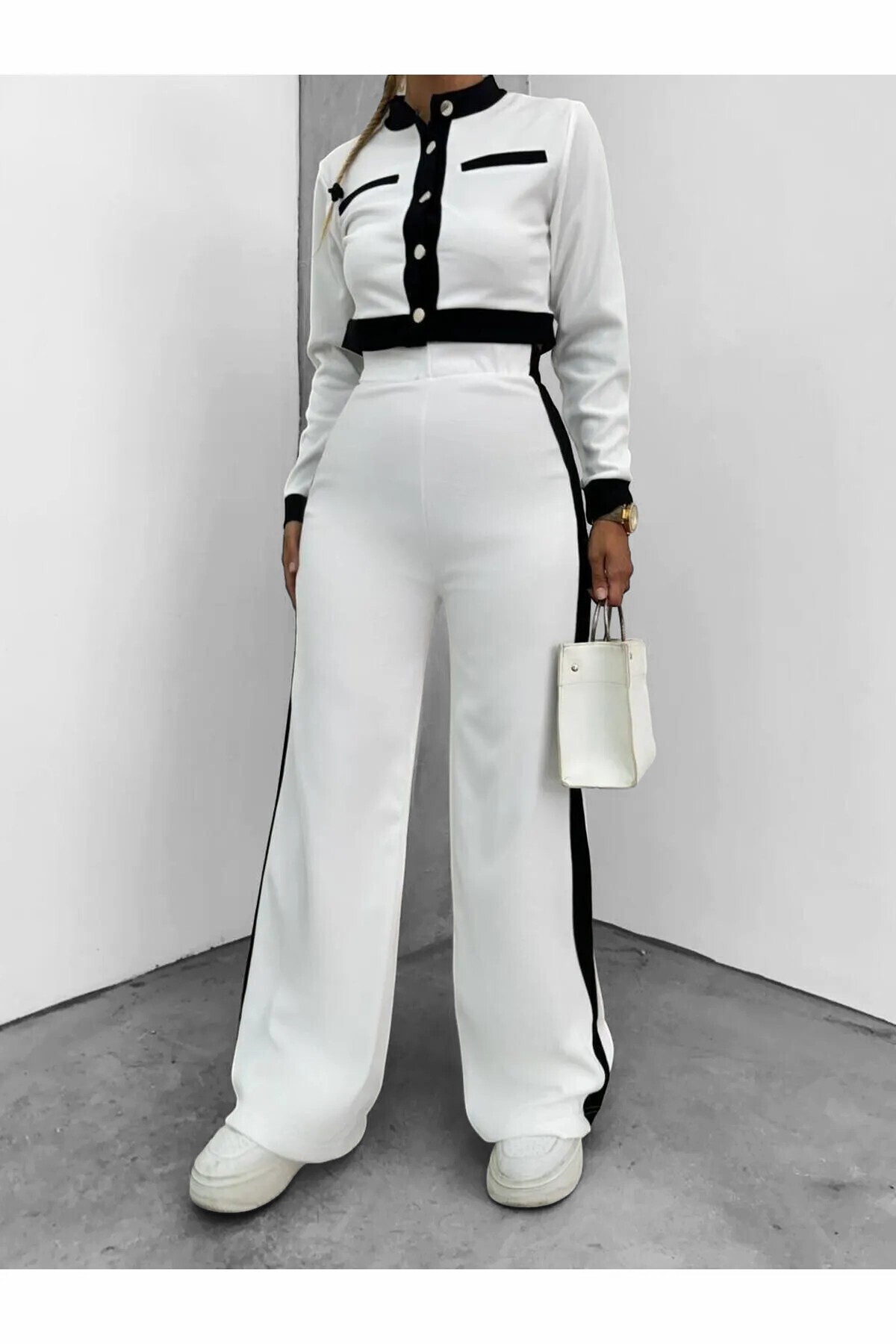 cottonage Kadın Siyah Beyaz Ottoman Kumaş Düğmeli İkili Takım Fiyatı ...