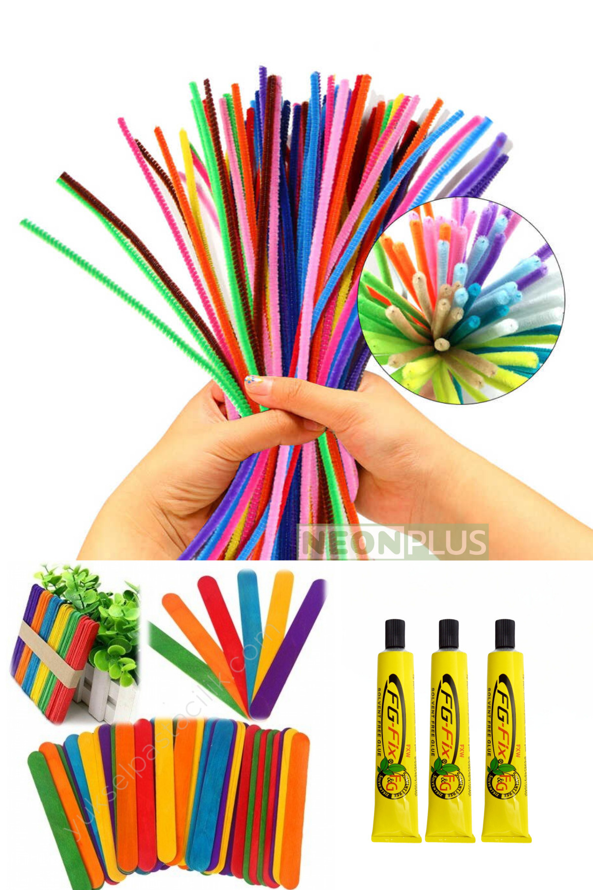 NEON PLUS 100 Renkli Şönil, 50 Adet Dil Çubuğu ,7 gr 3 adet Yapıştırıcı ...