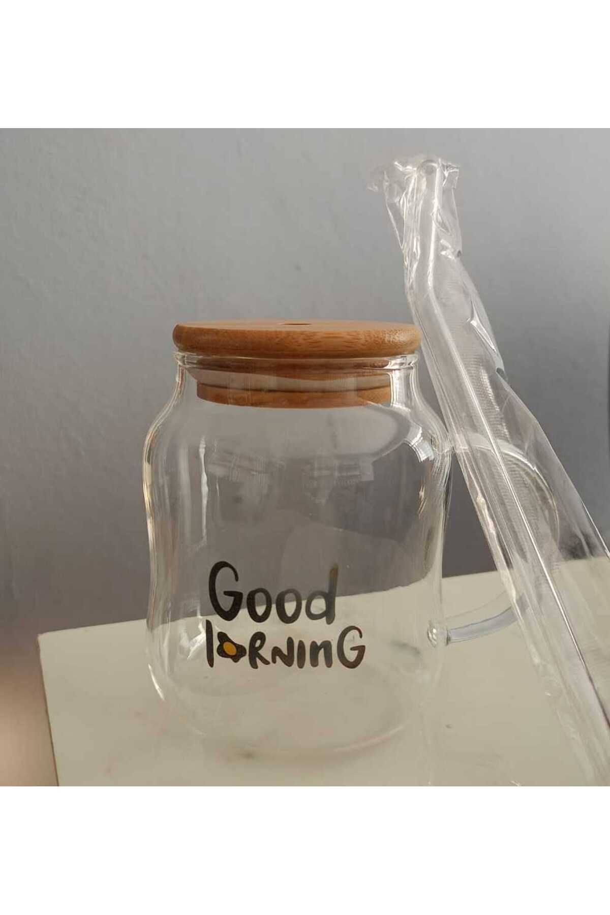 klasik yaşam Bambu Kapaklı Cam Pipetli Good Morning Temalı Kurplu Cam ...