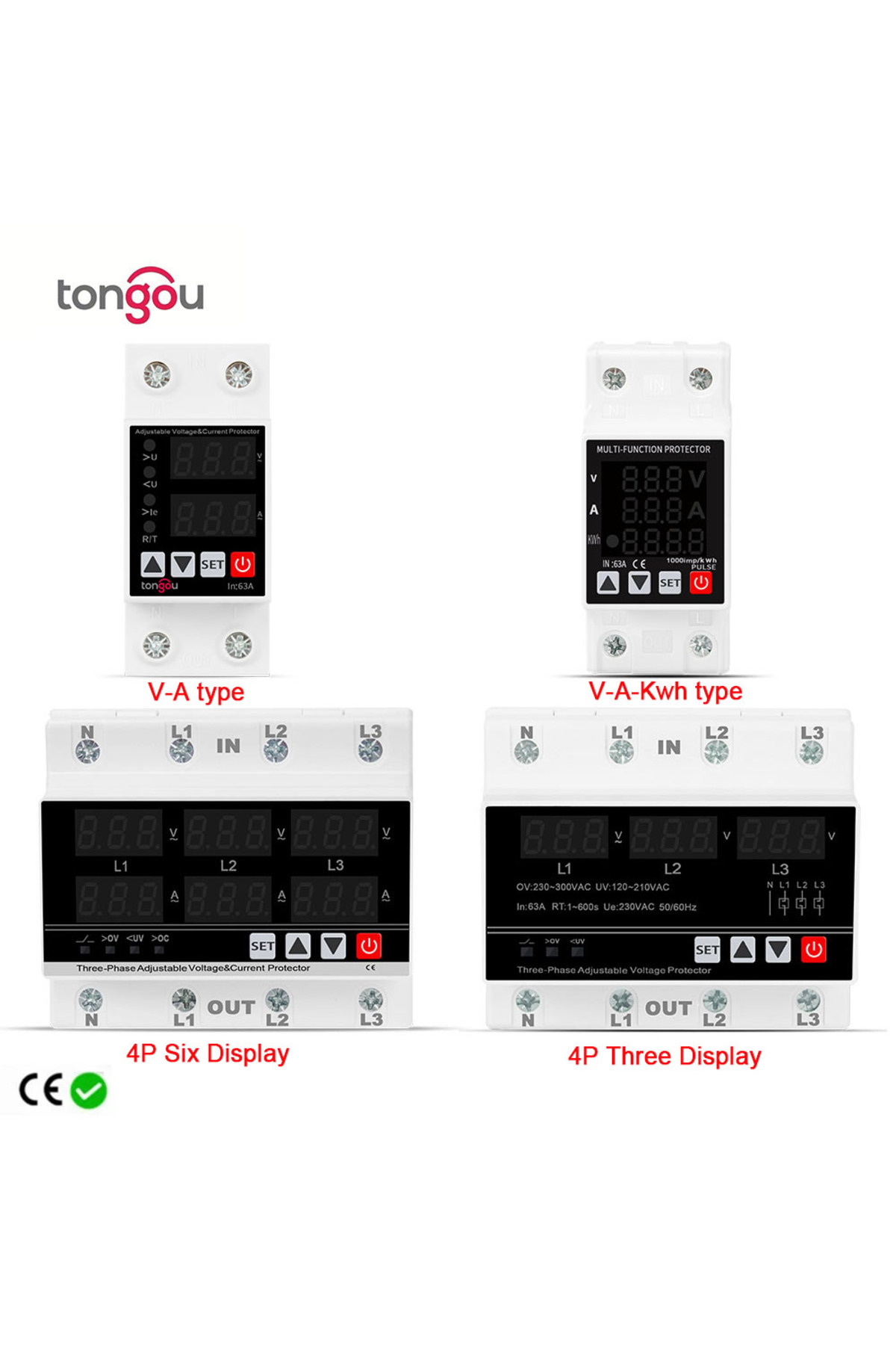 Choice V-A-Kwh type 63A TONGOU rail mounted 1P+N 2P 4P display ...