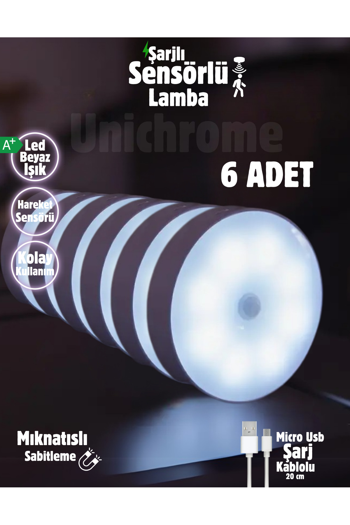 Unichrome 6 Adet Hareket Sensörlü 8 Ledli Usb Şarjlı Beyaz Led Işık On ...
