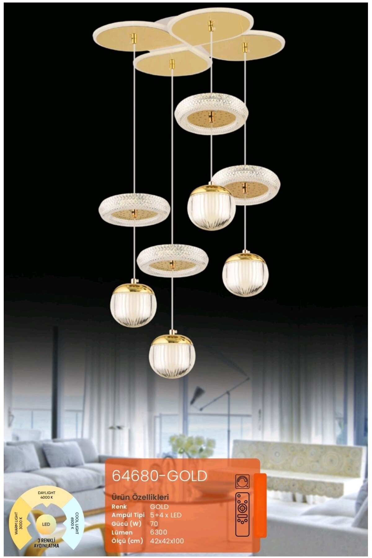HMS TİCARET 64680-GOLD KUMANDALI DİMLİ ÜÇ 3 IŞIK RENKLİ LED AVİZE LED ...