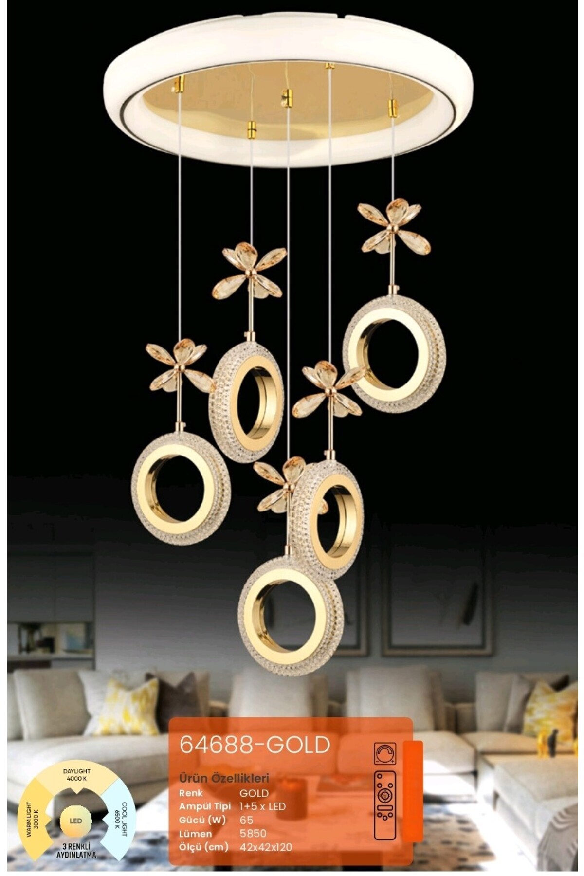 HMS TİCARET 64688-GOLD KUMANDALI DİMLİ ÜÇ 3 IŞIK RENKLİ LED AVİZE LED ...