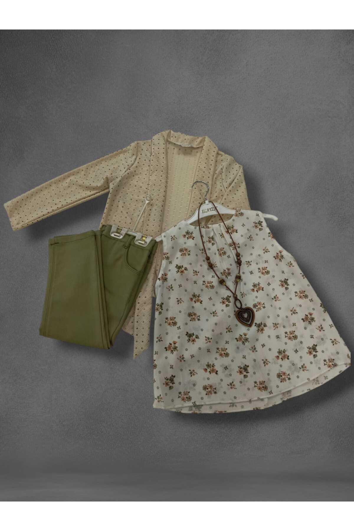 Elayza Hırkası Uzun Kollu Bluzü Sıfır Kol Gabardin Pantolonlu 3'lü Set ...