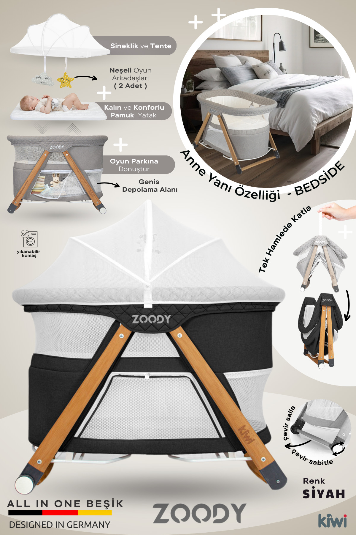 Kiwi Zoody Park Yatak ve Oyun Parkı Bebek Beşiği, Anne Yanı Beşik, Park ...