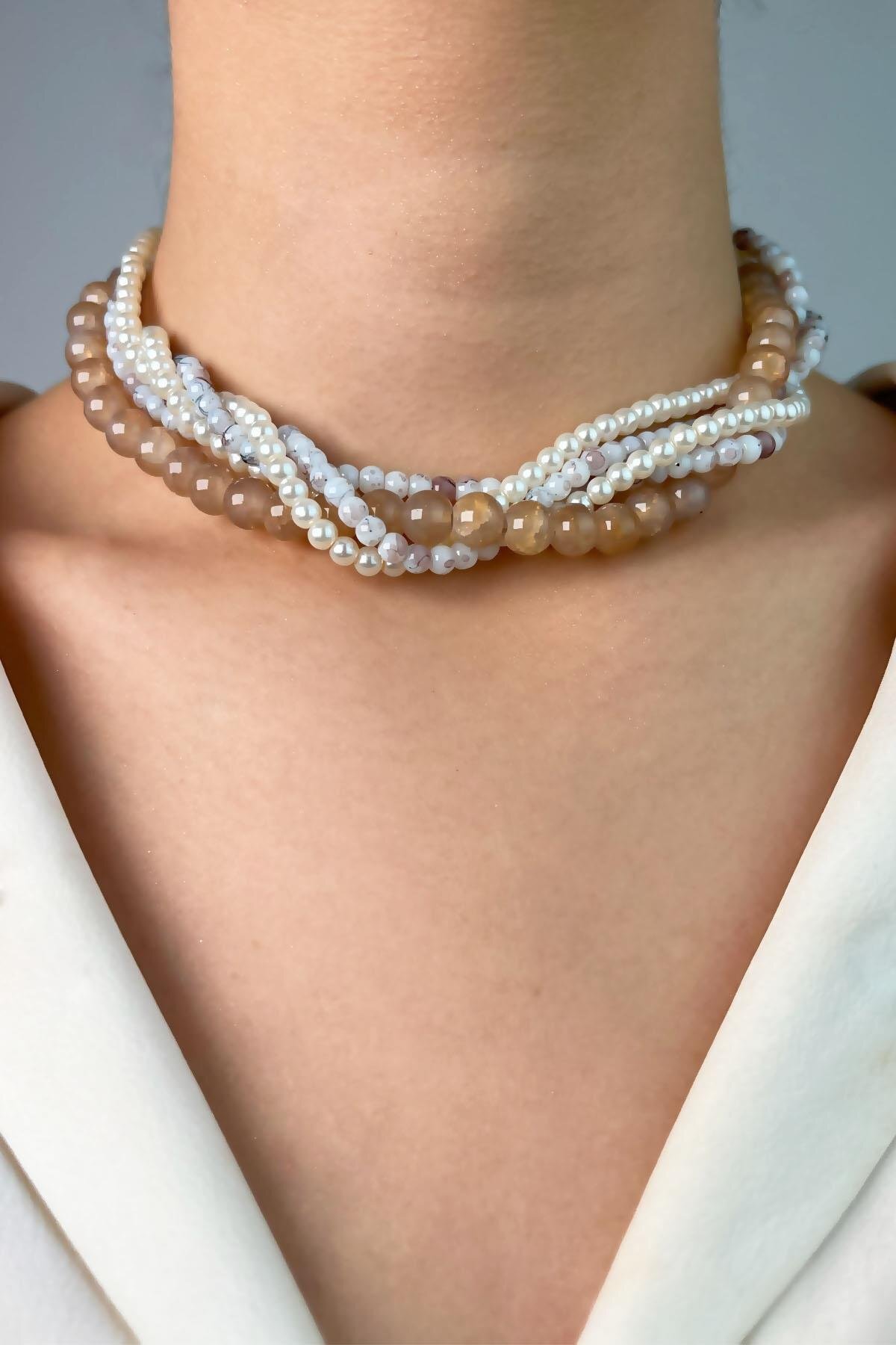 Sose Moda Kristal Boncuk ve İncili Sarmal Kolye - Beyaz - Fiyatı, Yorumları