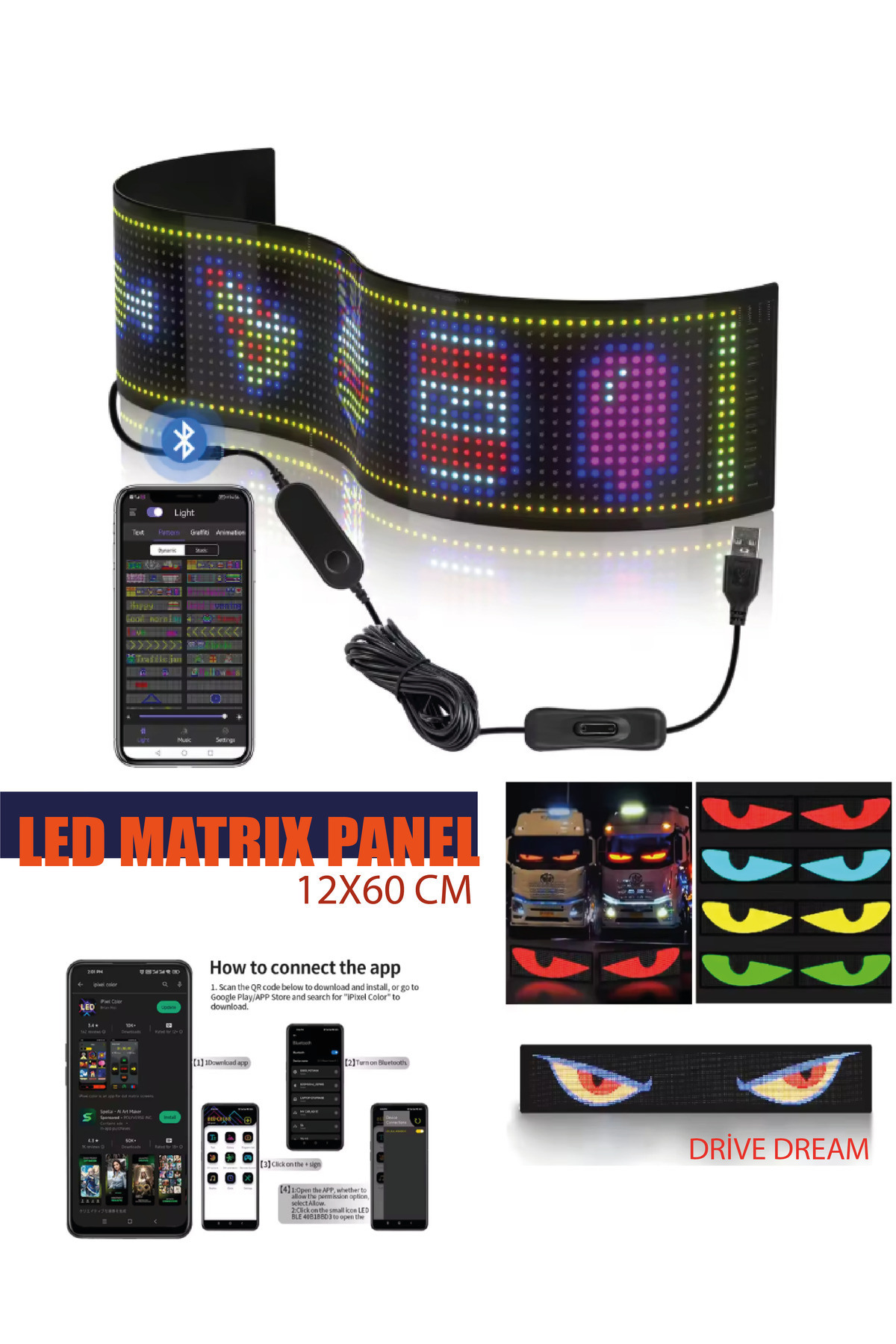 Apexi Pixel Led Panel Dijital Ekran Yazı ve Animasyon Eklenebilen Telefon Kontrollü Yapışkanlı ...