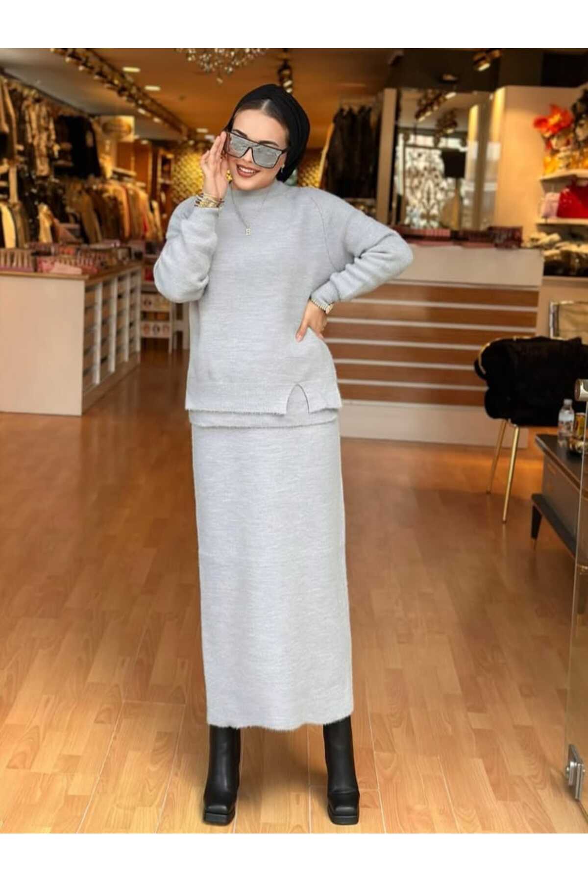 GAGATR Kadın Angora Açık Gri Premium Triko Etekli Takım Fiyatı ...