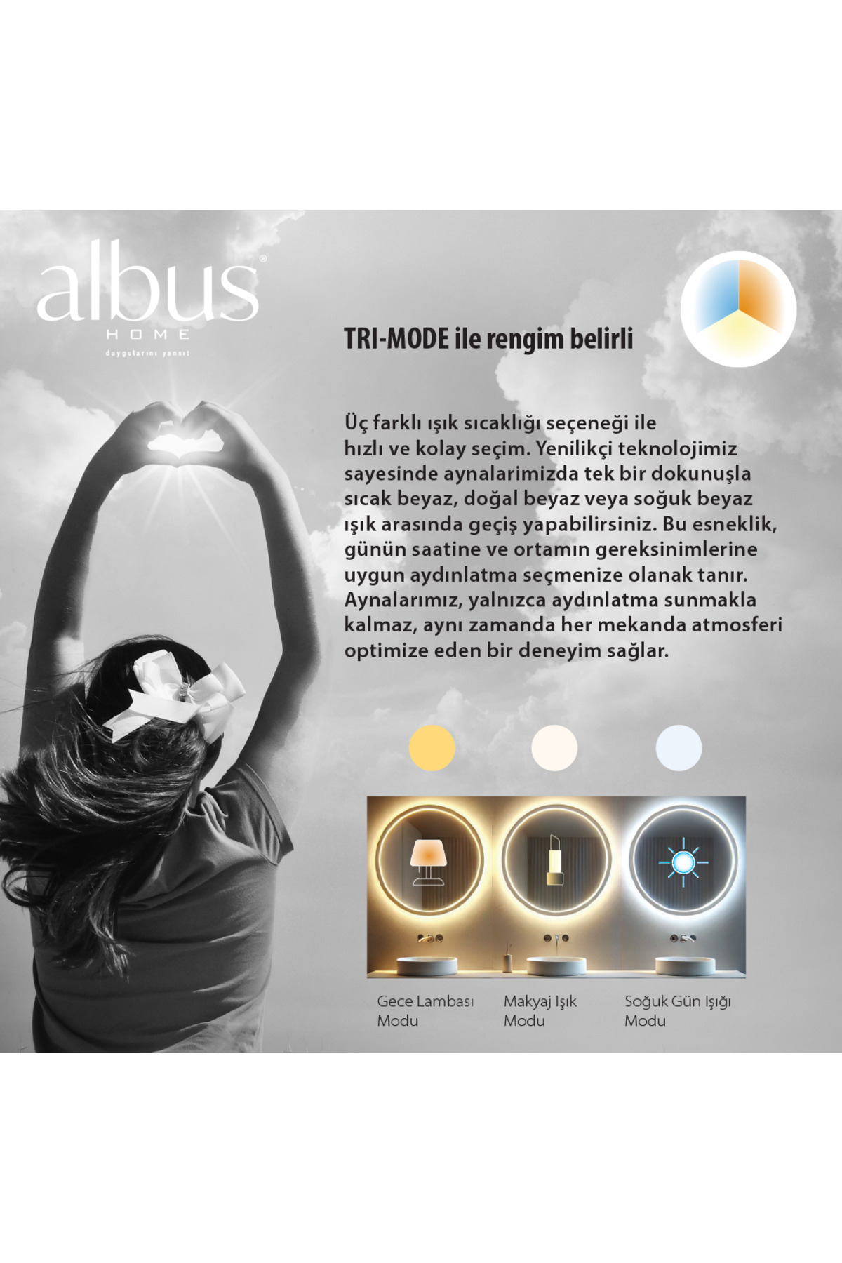 Albus Home - Milano Led Aydınlatmalı Ayna - Satinasız - Tri-color ...