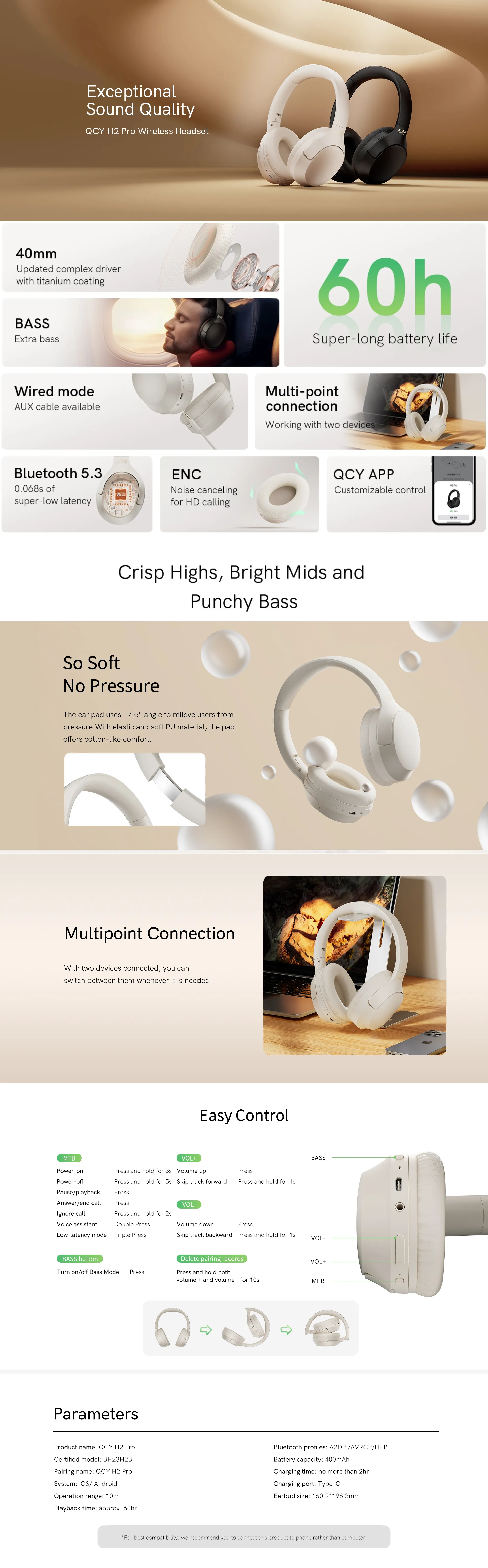 Qcy H2 Pro Aux Kablosuz Bt 5.3 Beyaz Kulaklık Hifi Enc 70 Saat Dinleme Oyun Modu - Fiyatı, Yorumları